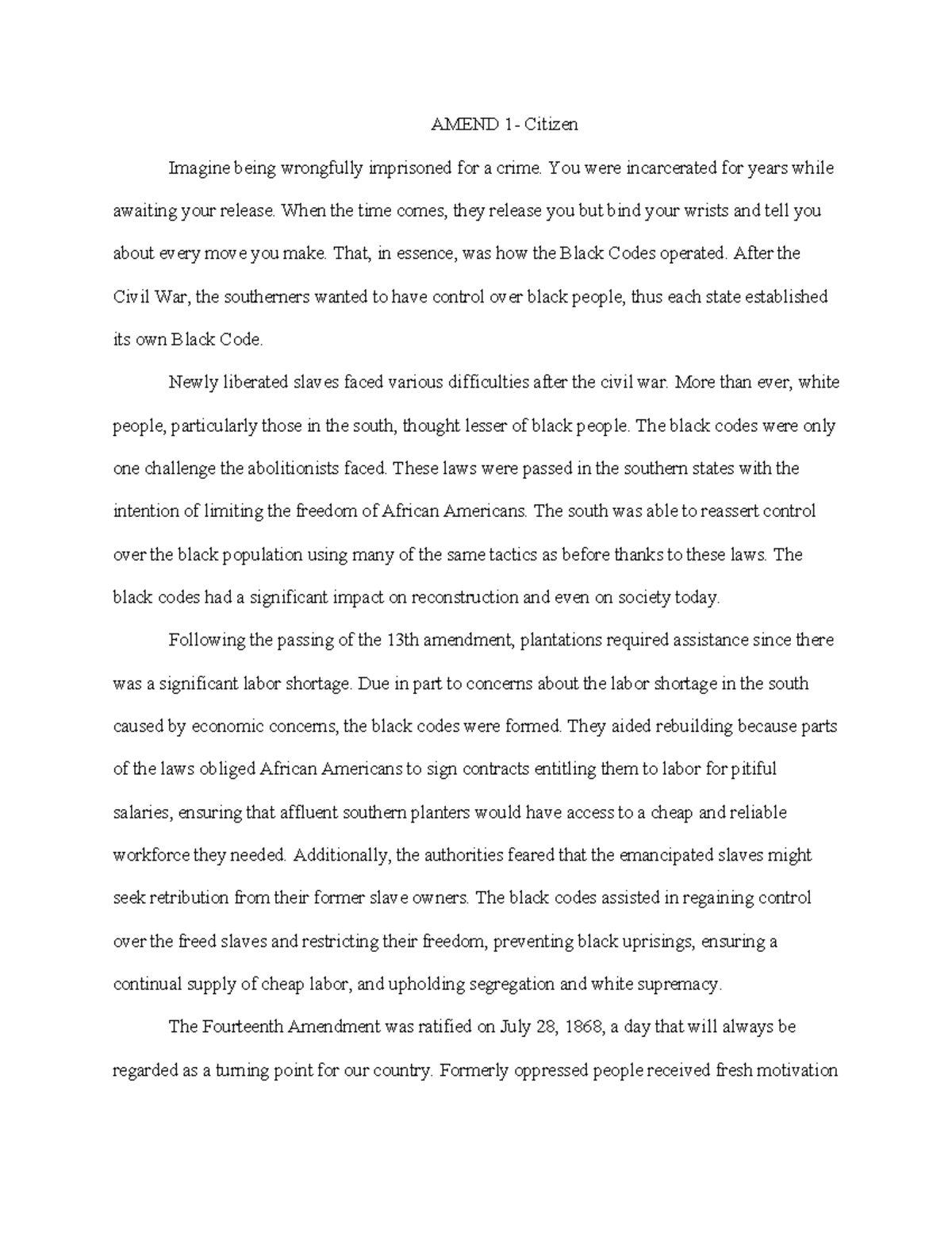 Amend 1 - AMEND 1- Citizen Imagine being wrongfully imprisoned for a ...