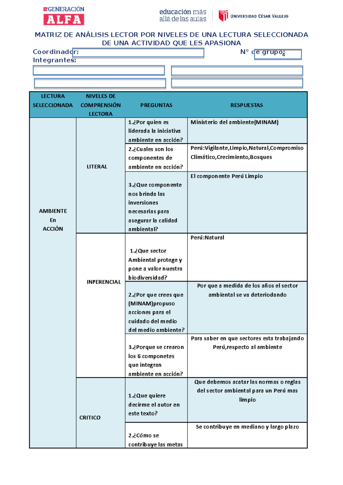 4.Matriz de lectura respuesta - MATRIZ DE ANÁLISIS LECTOR POR NIVELES ...