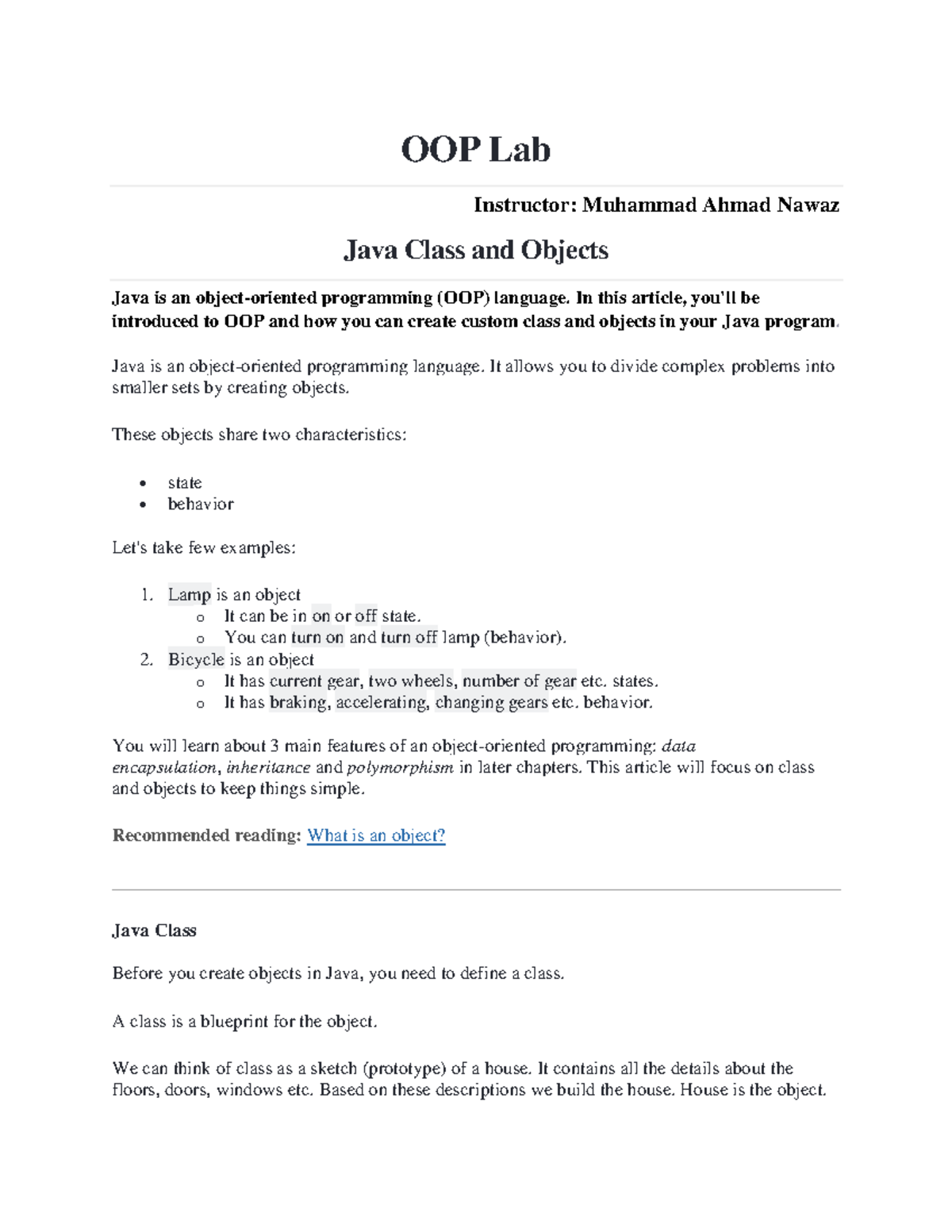 Classes and Constructor - OOP Lab Instructor: Muhammad Ahmad Nawaz Java Class and Objects Java ...