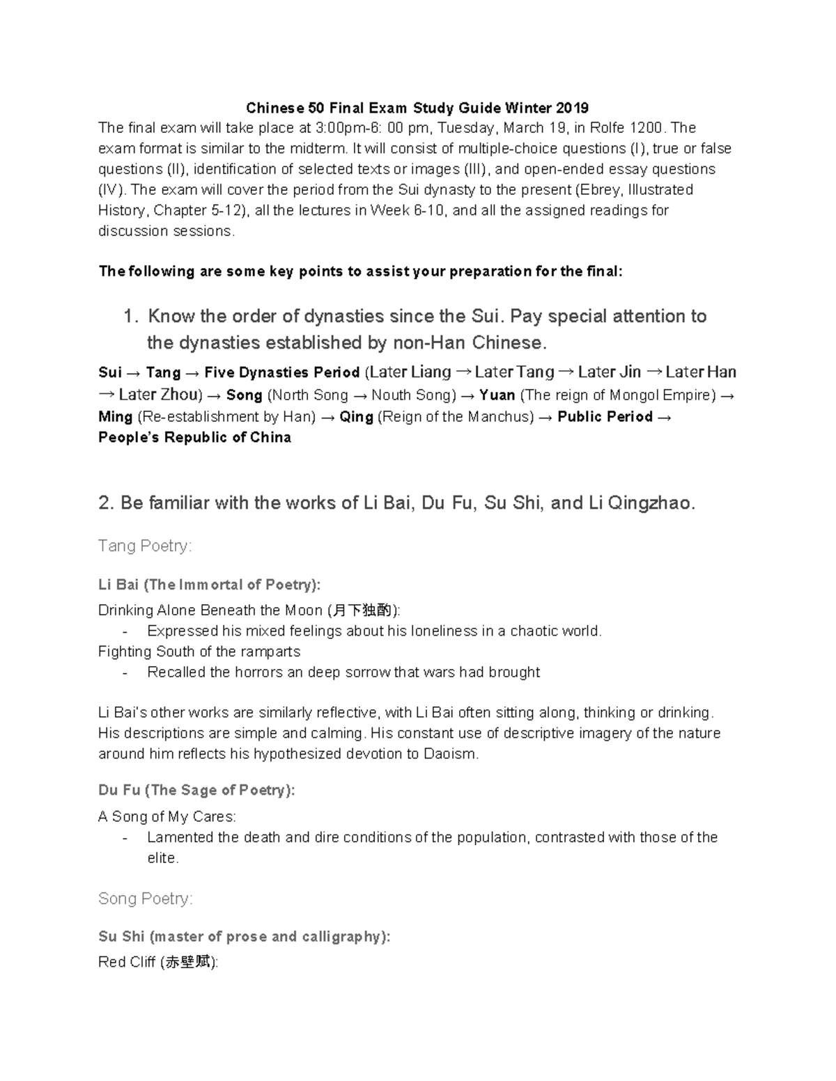 Chin 50 Final Study Guide - Chinese 50 Final Exam Study Guide Winter ...