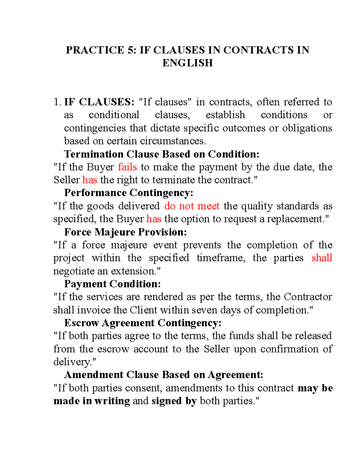 5. Practice 5 - IF Clauses IN Contracts - PRACTICE 5: IF CLAUSES IN ...