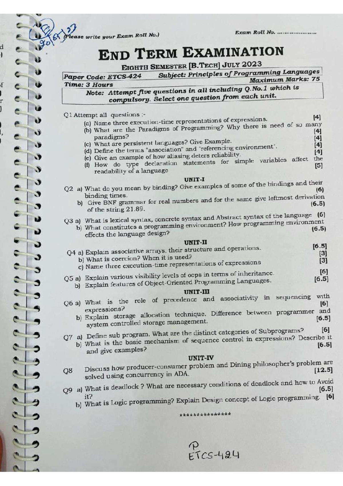 Question Paper 2023 - Please write your Exam Roll No.) Exam Roll No. END TERM EXAMINATION EIGHTH ...