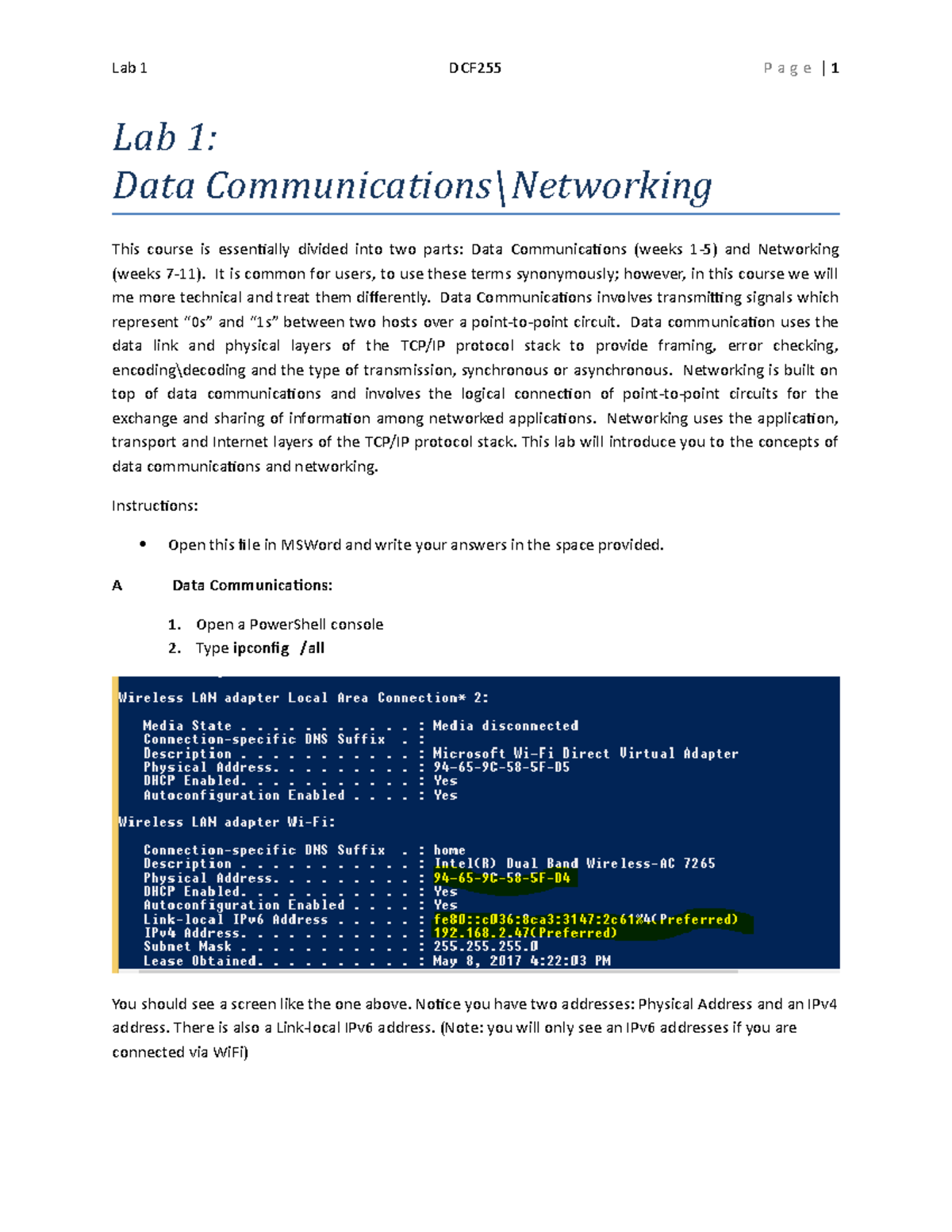 Lab1 Data Comm Networing Overview-S2020 - Lab 1: Data Communications\Networking This course is ...