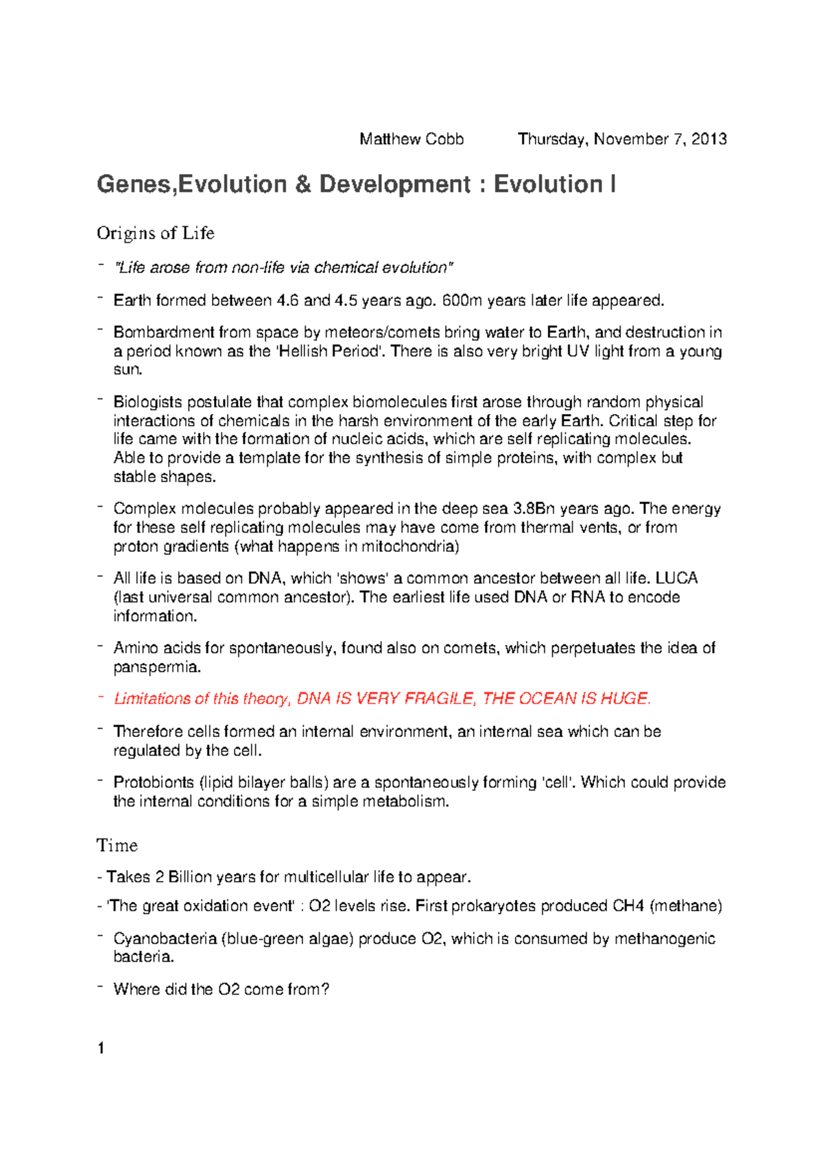 Lecture notes: Evolution 1 - Matthew Cobb Thursday, November 7, 2013 1 ...