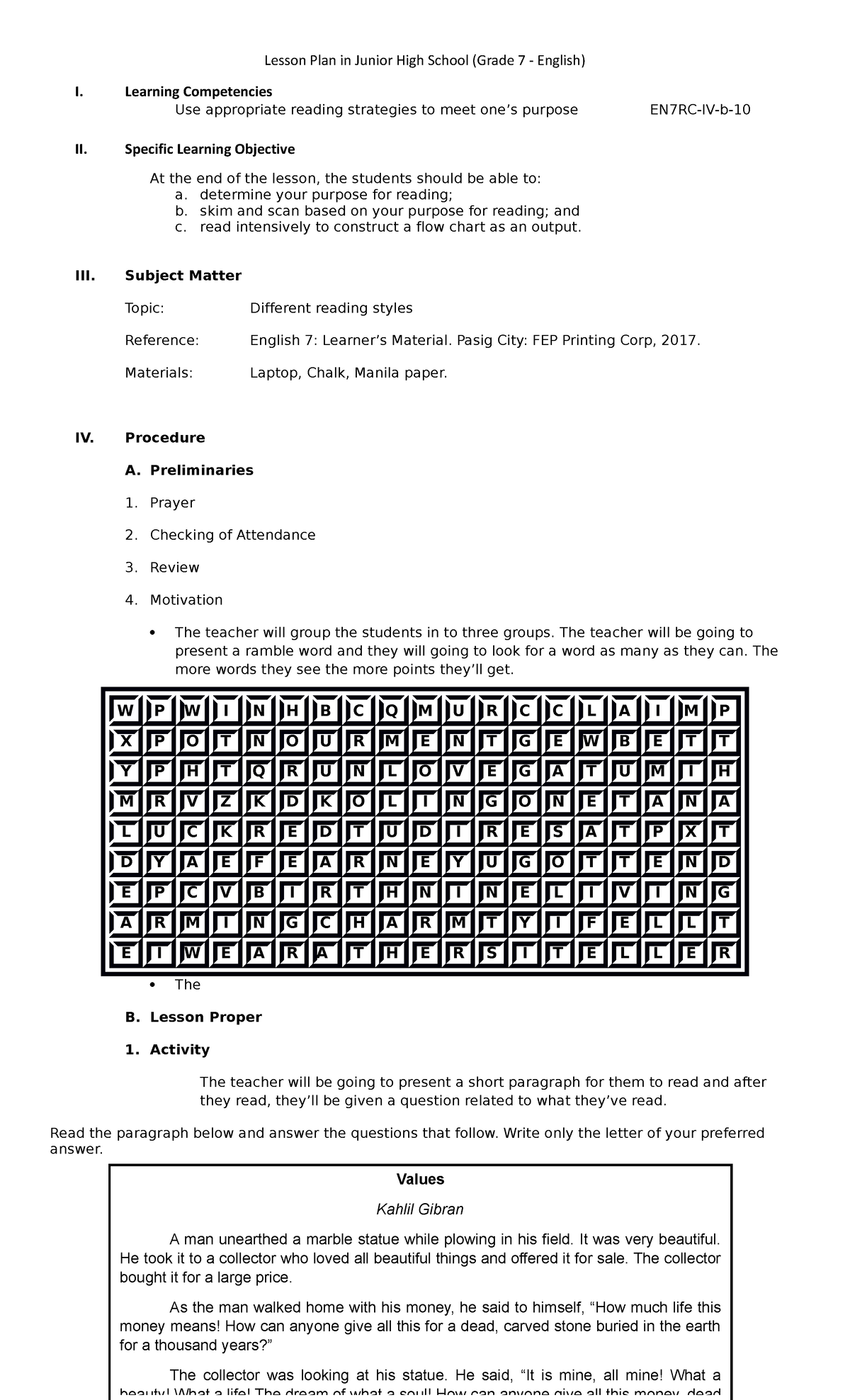 LP - LECTURE NOTES - Lesson Plan in Junior High School (Grade 7 ...