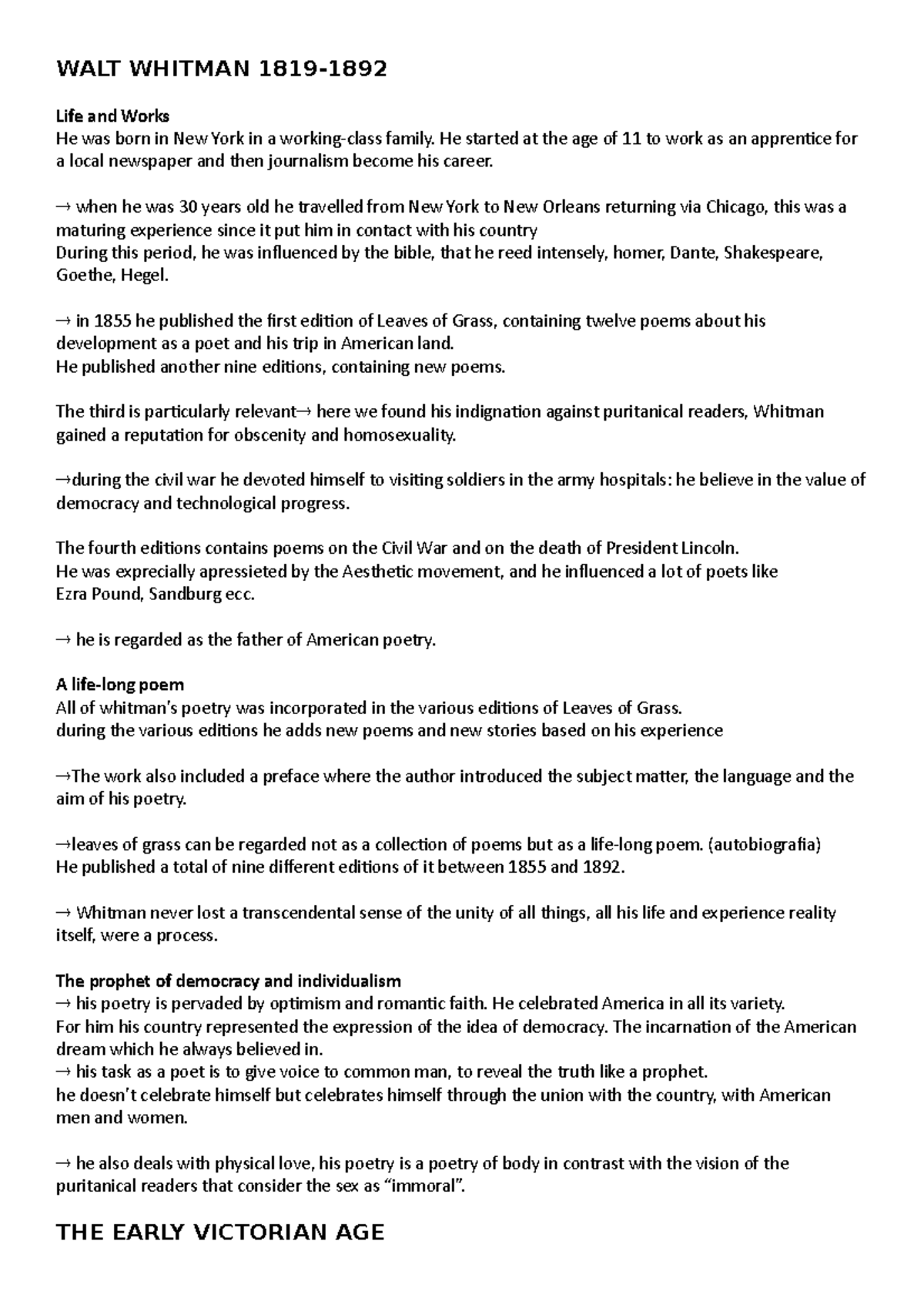 WALT Whitman - riassunto - WALT WHITMAN 1819- Life and Works He was ...