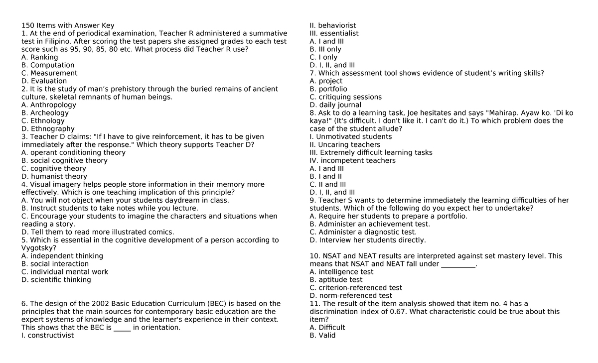 150 Items with Answer Key - After scoring the test papers she assigned ...