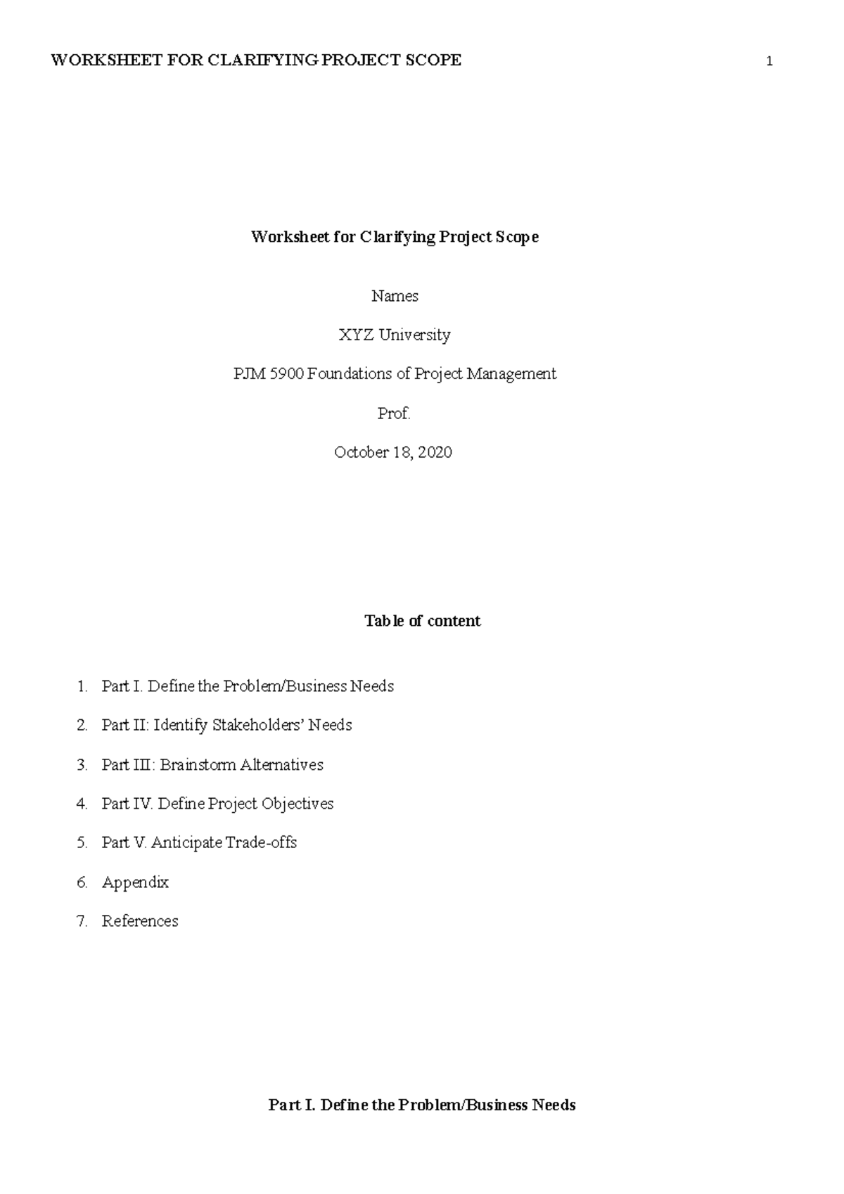 Scope Assignment - Worksheet for Clarifying Project Scope Names XYZ ...