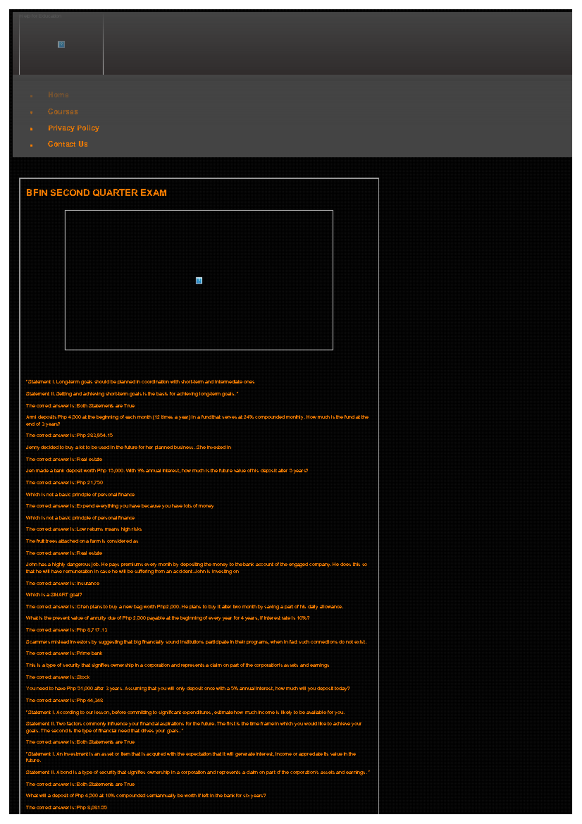 Help for Education BFIN Second Quarter EXAM - Help for Education Home ...
