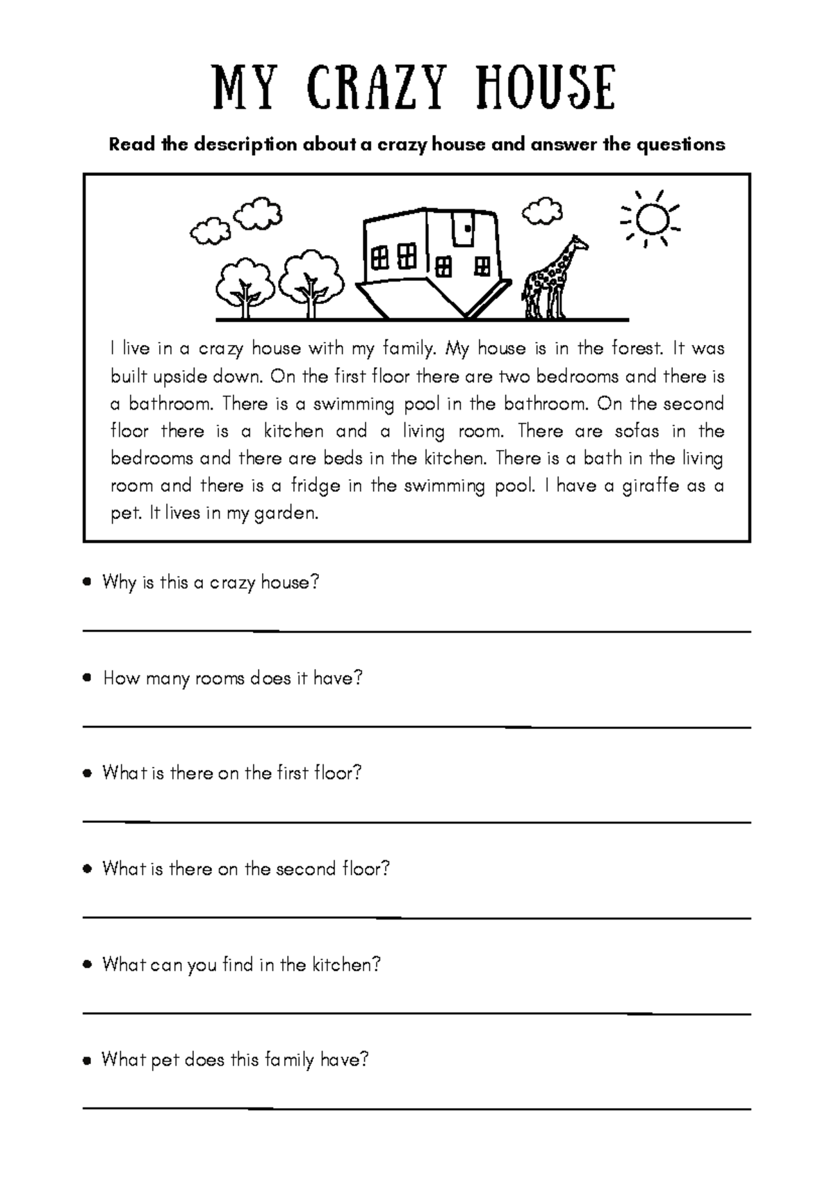 White Light Blue My Crazy House Reading Comprehension Worksheet - my ...