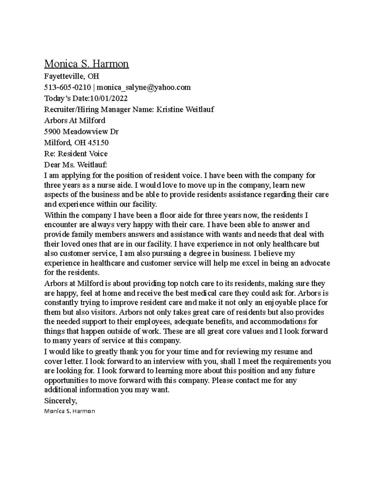 Fake Cover Letter - Monica S. Harmon Fayetteville, OH 513-605-0210 ...