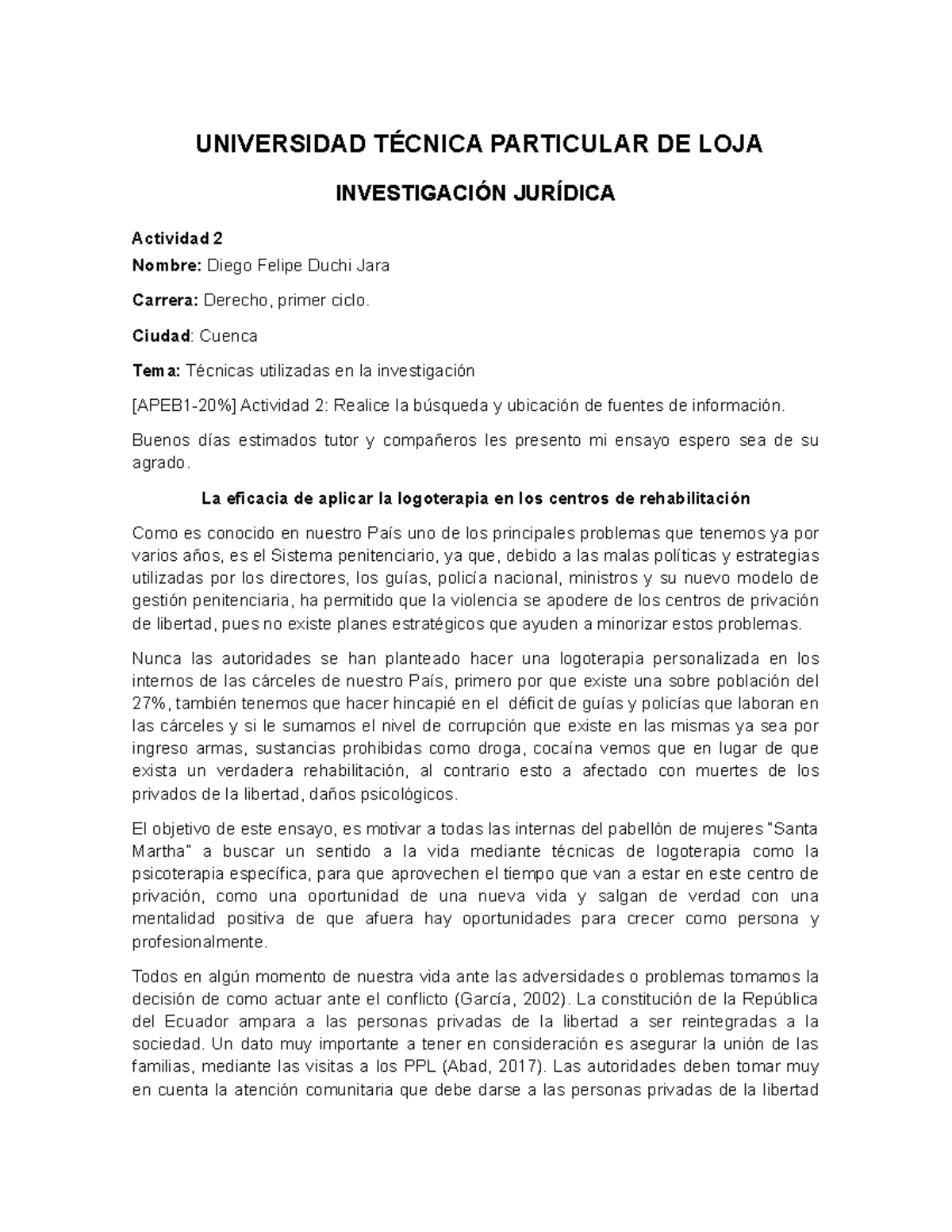 Diego Duchi Jara ensayo 1 - UNIVERSIDAD TÉCNICA PARTICULAR DE LOJA ...