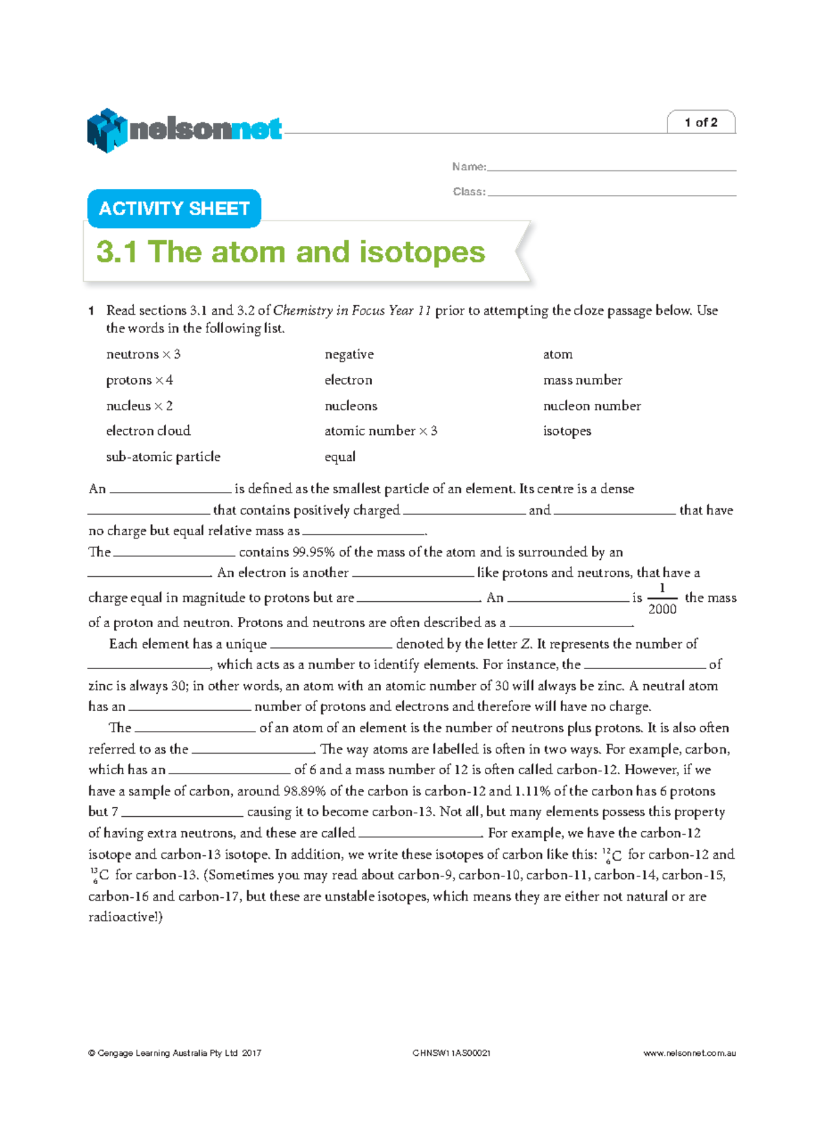 3.1 The atom and isotopes - © Cengage Learning Australia Pty Ltd 2017 ...