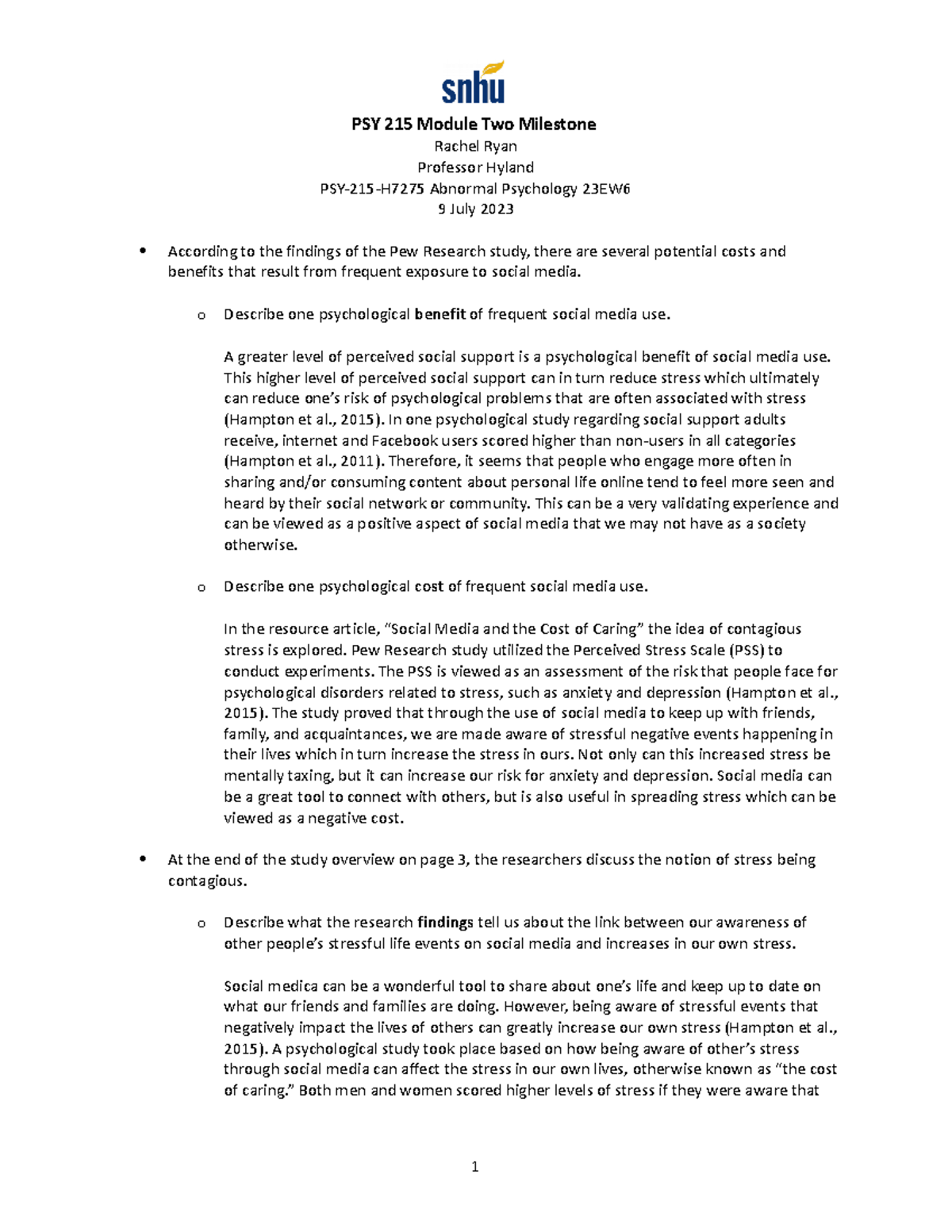PSY 215 Module Two Milestone - PSY 215 Module Two Milestone Rachel Ryan ...