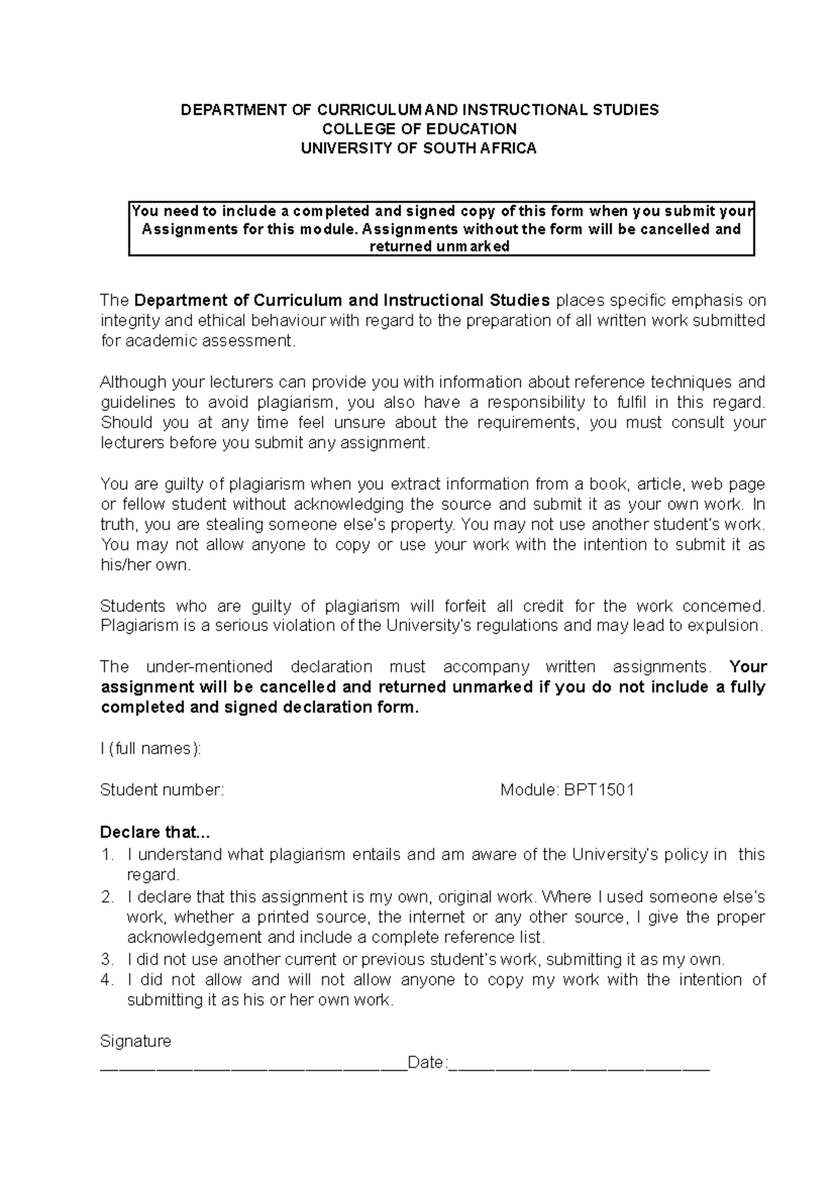 Declaration FORM AS A WORD DOCU - DEPARTMENT OF CURRICULUM AND ...