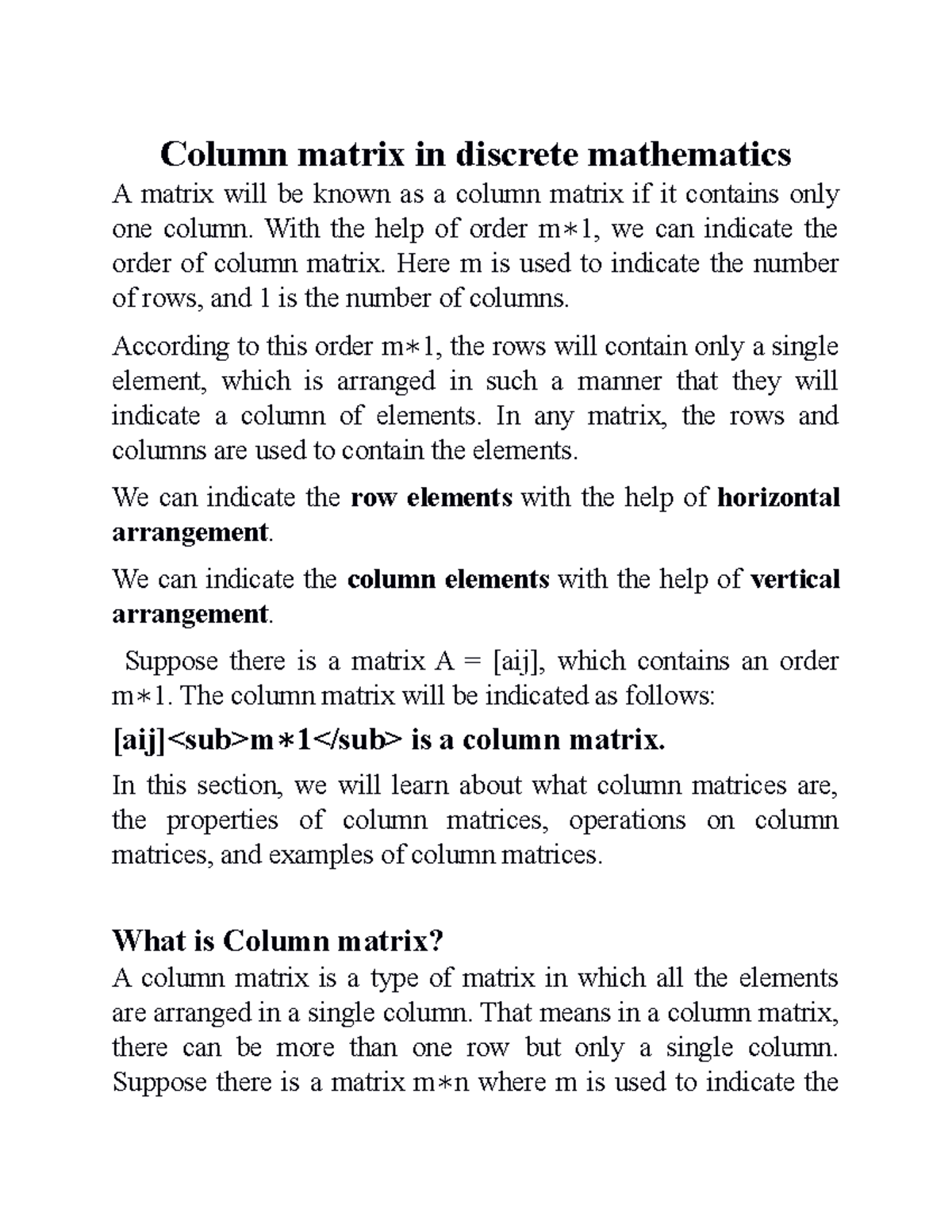 Column and Zero Matrix - Notes for Revision - Column matrix in discrete ...