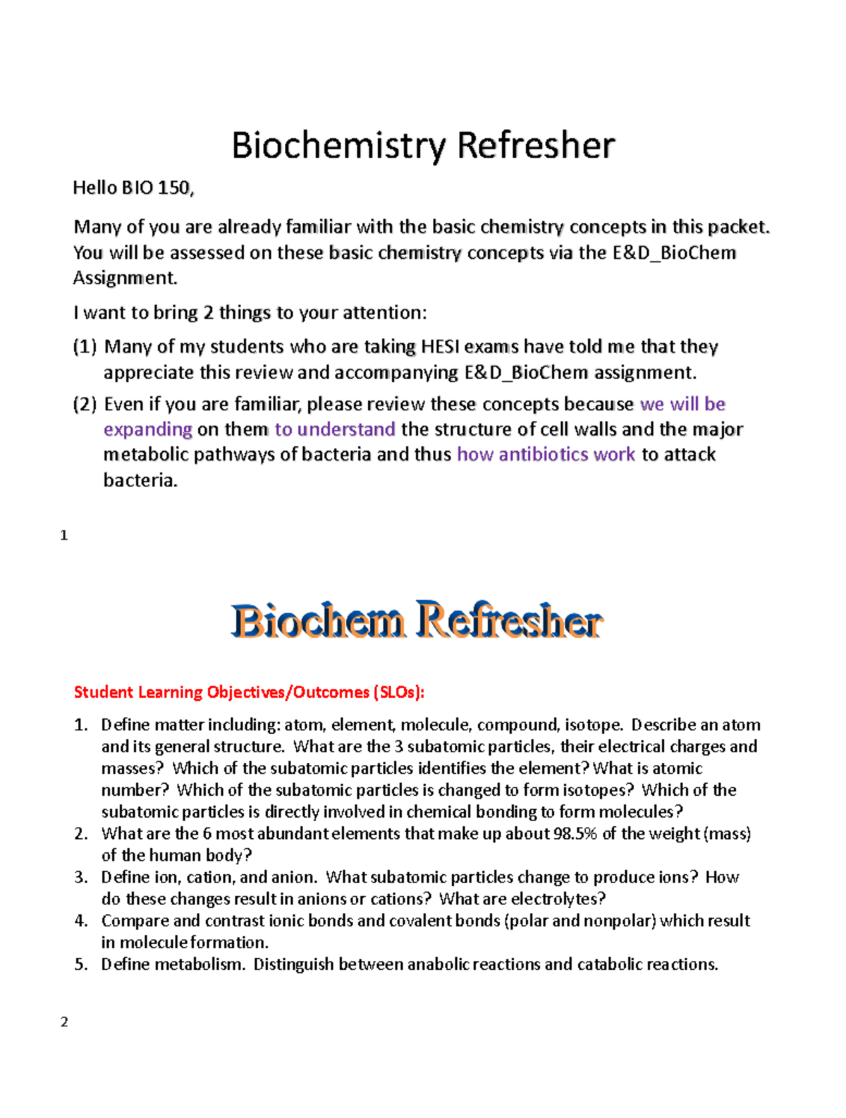 Bio Chem Refresher - review of biochem for the class - Biochemistry ...