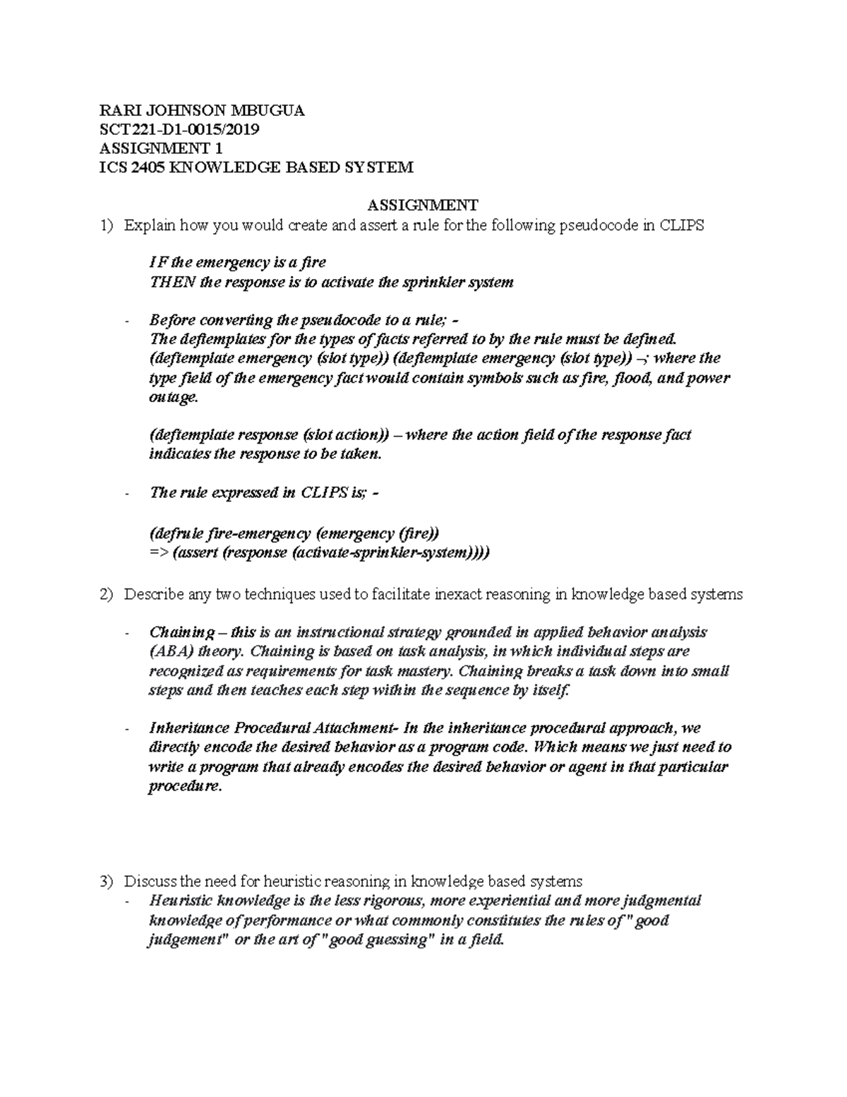 KBS Assignment - sawa - RARI JOHNSON MBUGUA SCT221-D1-0015/ ASSIGNMENT 1 ICS 2405 KNOWLEDGE ...