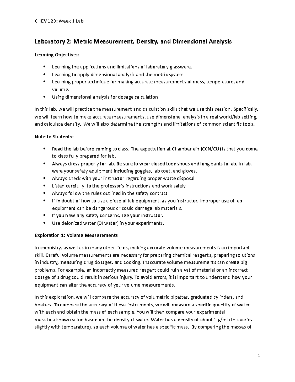 Lab 2 - its a chem class - Laboratory 2: Metric Measurement, Density ...