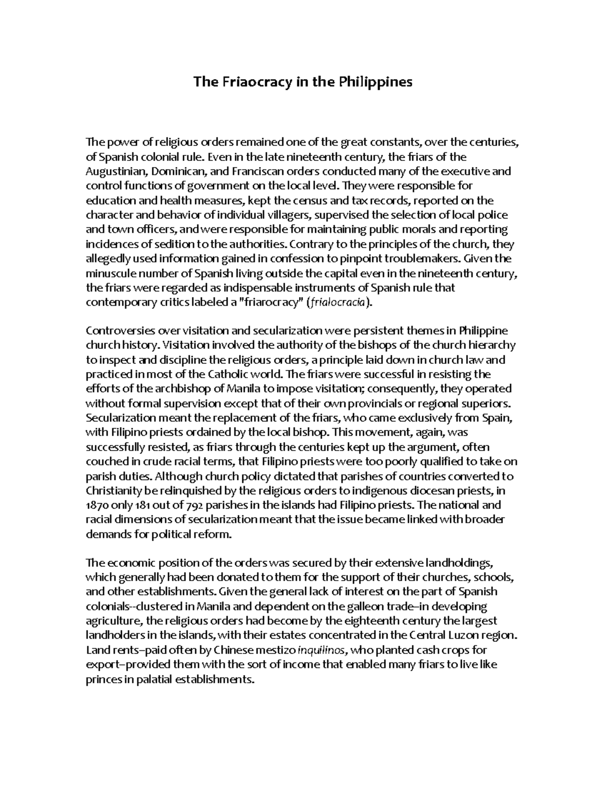 Frailocracy IN THE Philippines - The Friaocracy in the Philippines The ...