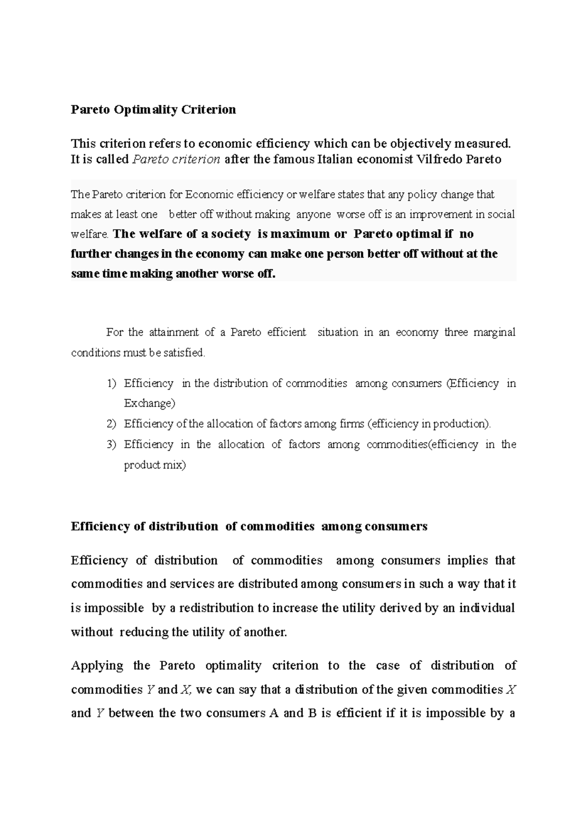 Pareto optimal conditions - Pareto Optimality Criterion This criterion ...