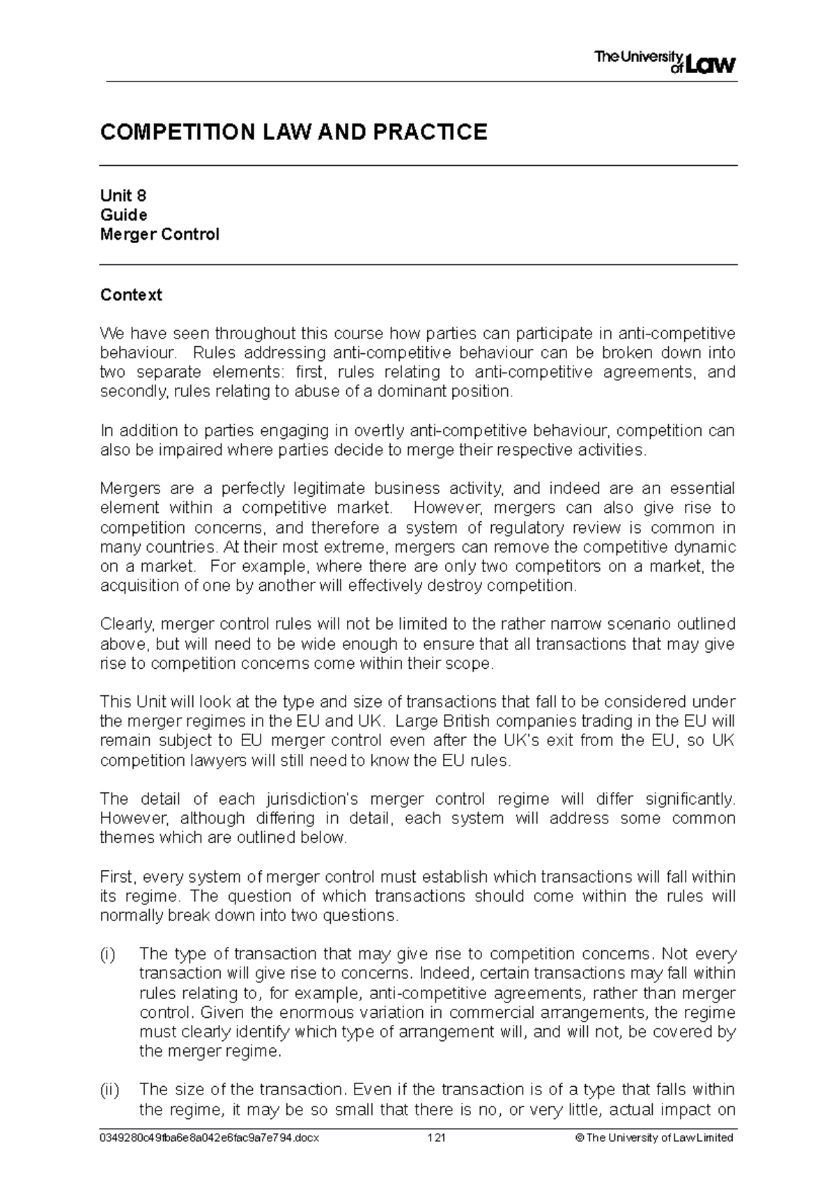 WS8 Comp - WS8 Comp - COMPETITION LAW AND PRACTICE Unit 8 Guide Merger ...
