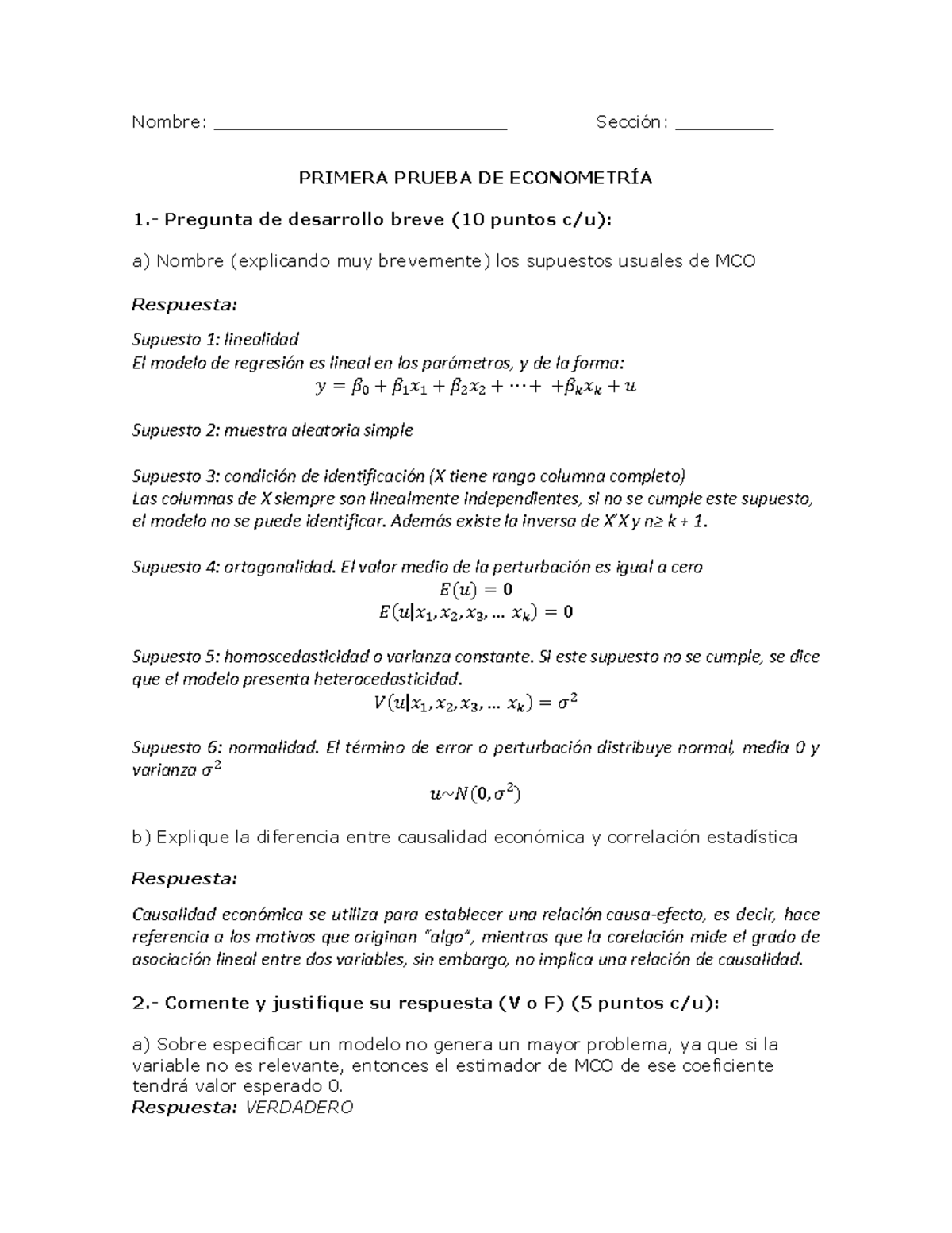 Pauta Prueba DE Econometria 1 - Nombre: ___________________________ Sección: _________ PRIMERA ...