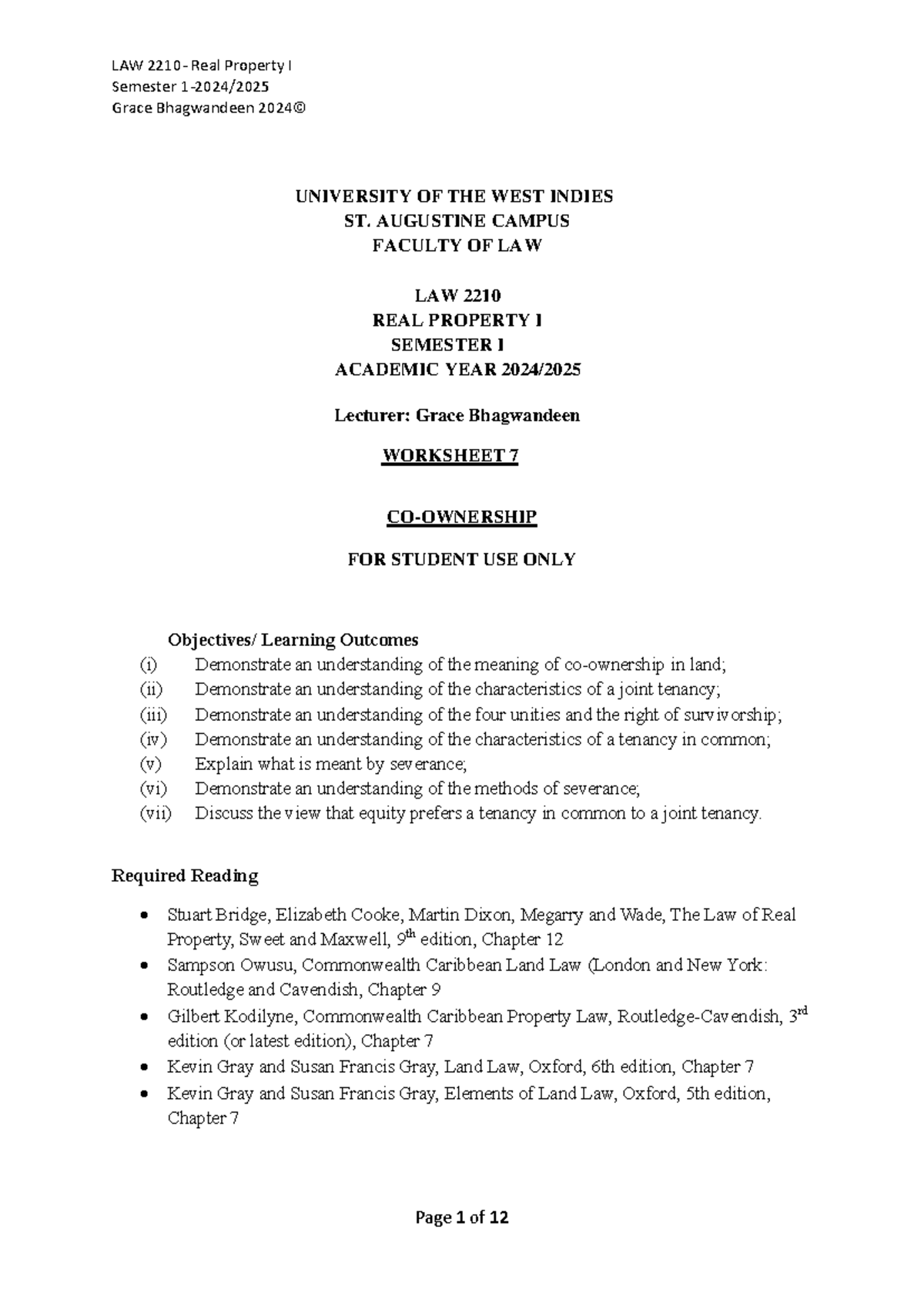 LAW 2210 Real Property I- Worksheet 7- Co-ownership-Grace Bhagwandeen ...