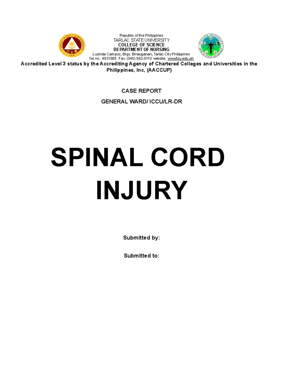Spinal CORD Injury Report - Republic of the Philippines TARLAC STATE ...