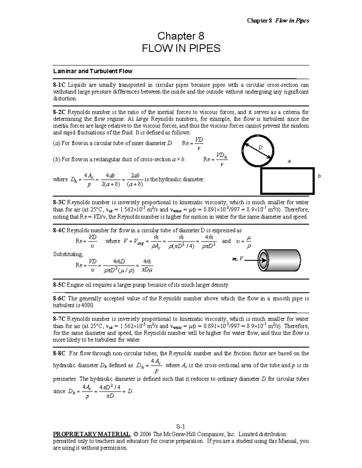 FM Sol Chap08-001 - fluid mechanics solutions - Chapter 8 FLOW IN PIPES Laminar and Turbulent ...