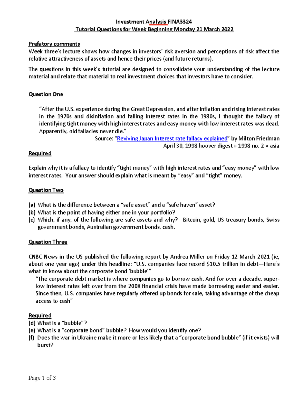 Tutorial Qs Week Begin Mon 21 March 2022 副本 - Page 1 of 3 Investment Analysis FINA Tutorial ...