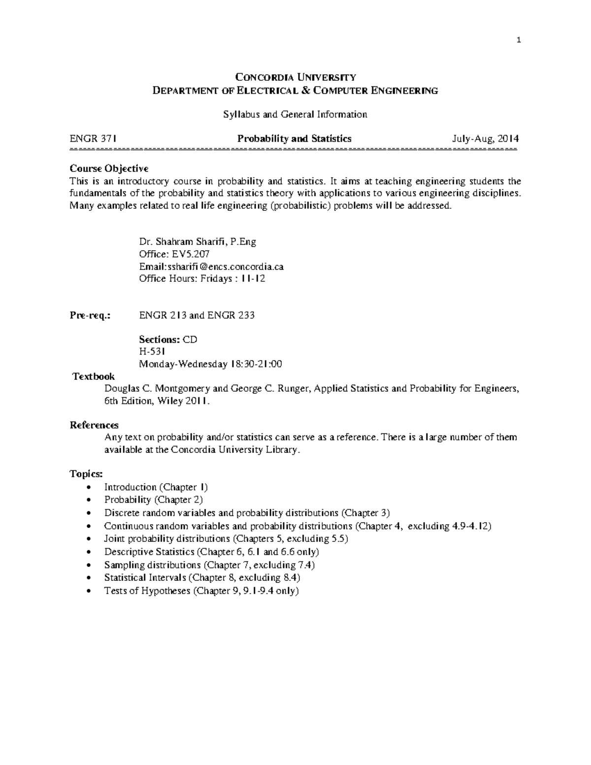 ENGR 371 Outline S14 - LEC - CONCORDIA UNIVERSITY DEPARTMENT OF ...