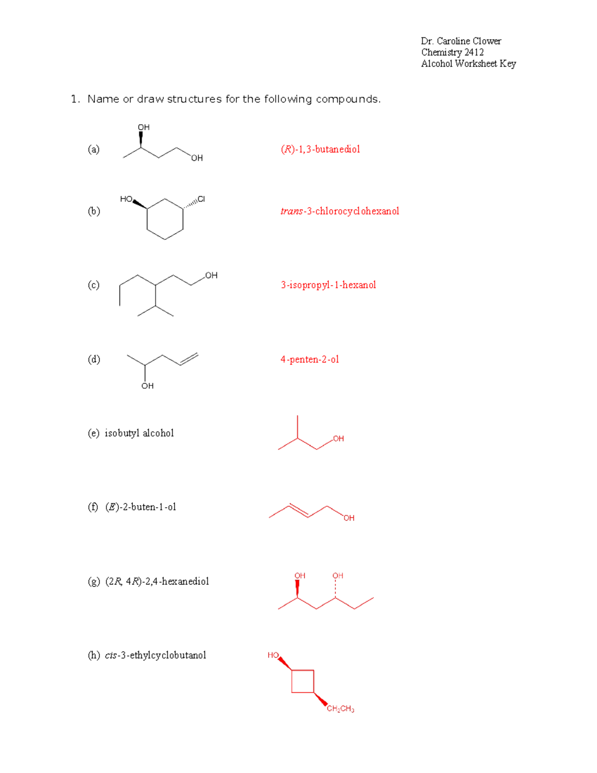 Alcohols ws modify 1 - notes - Chemistry 2412 Alcohol Worksheet Key ...
