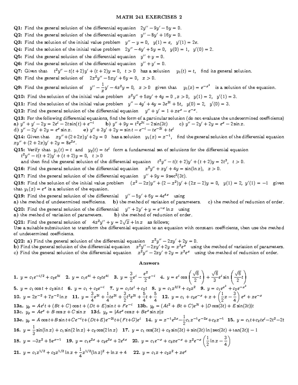241 exercises 2 - MATH 241 EXERCISES 2 Q1: Find the general solution of ...