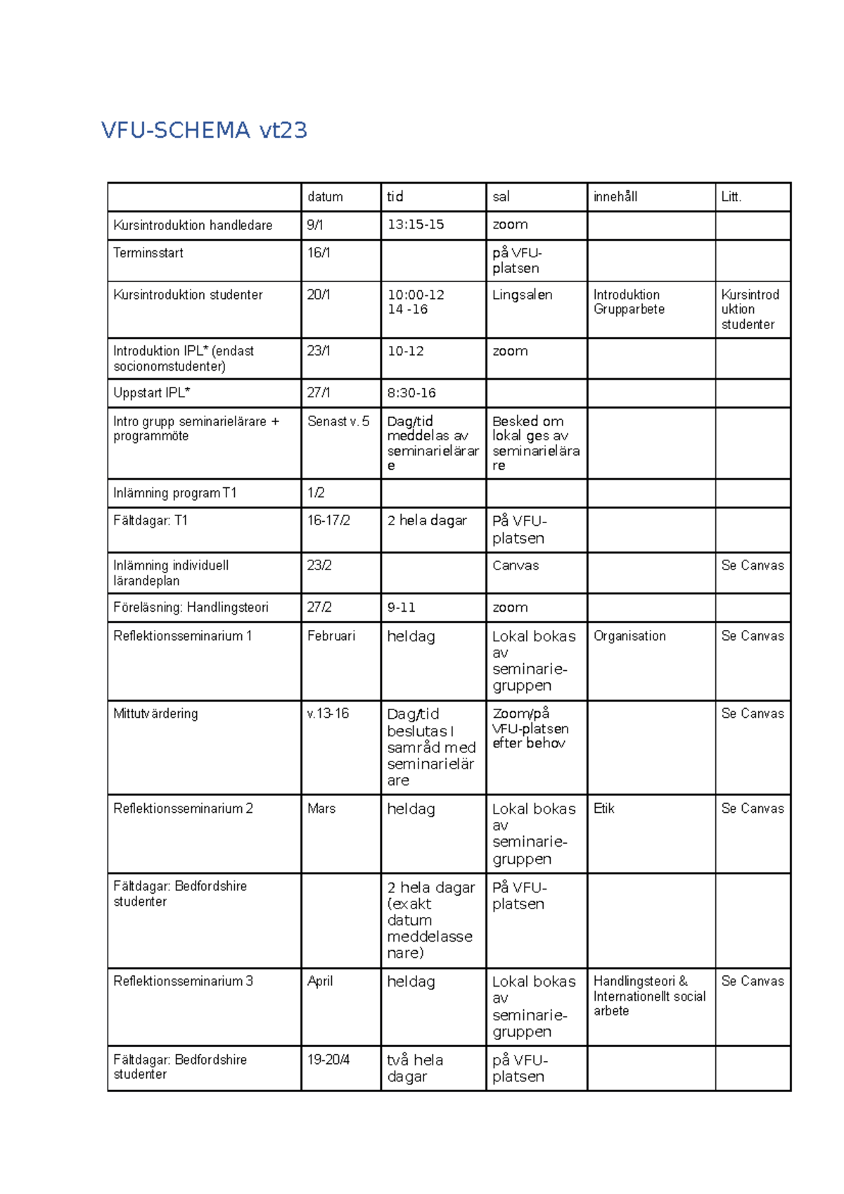 Studentschema vt23-1 - VFU-SCHEMA vt datum tid sal innehåll Litt ...