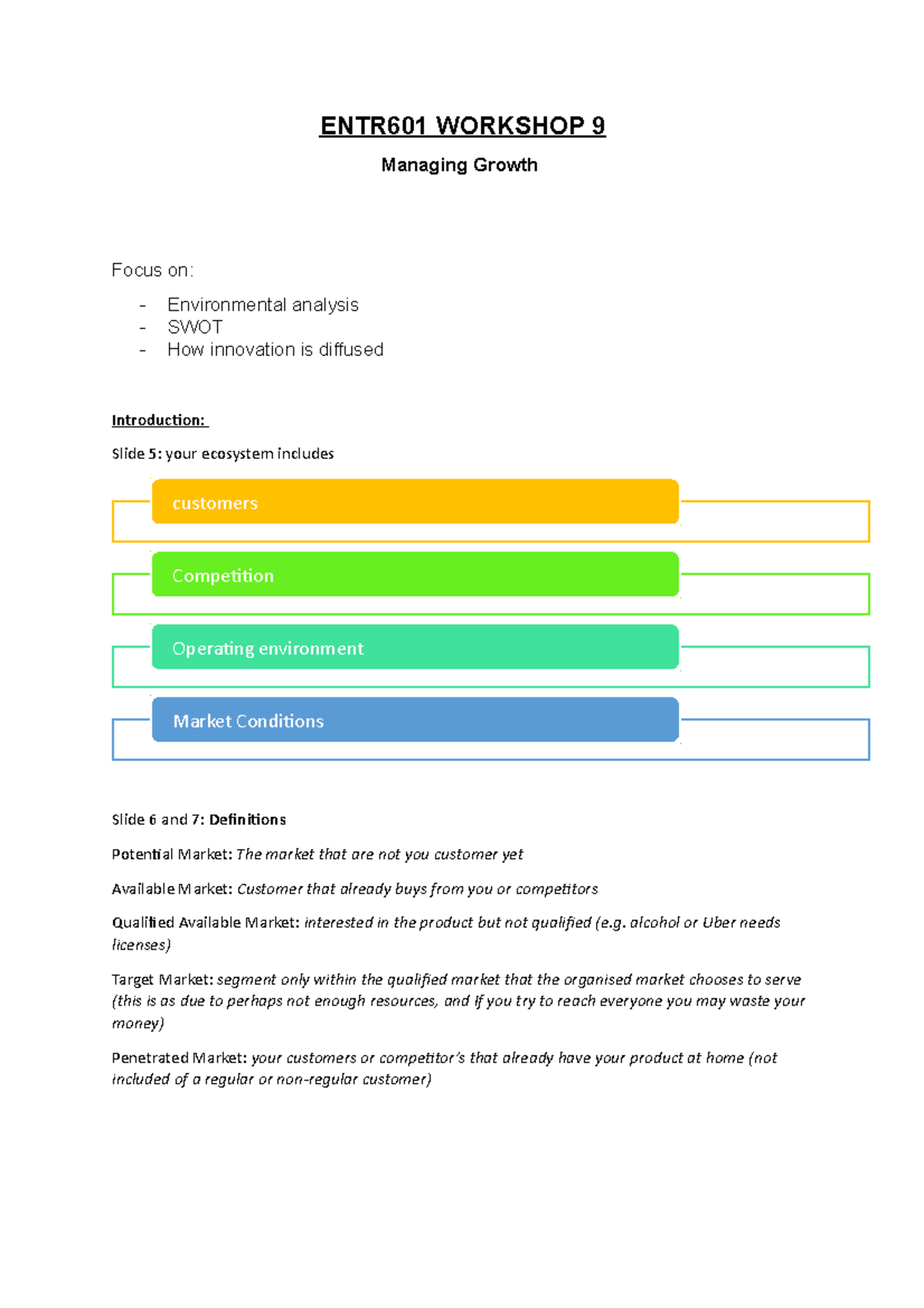 ENTR601 Workshop 9 - LECTURE NOTES - ENTR601 WORKSHOP 9 Managing Growth ...