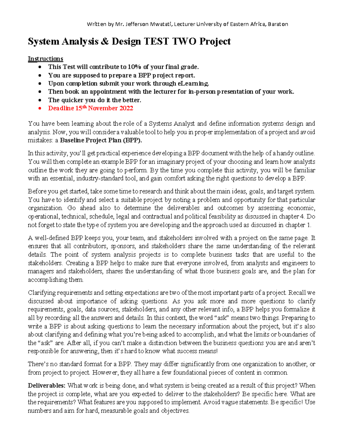 SAD TEST TWO Project - sad test two - System Analysis & Design TEST TWO ...