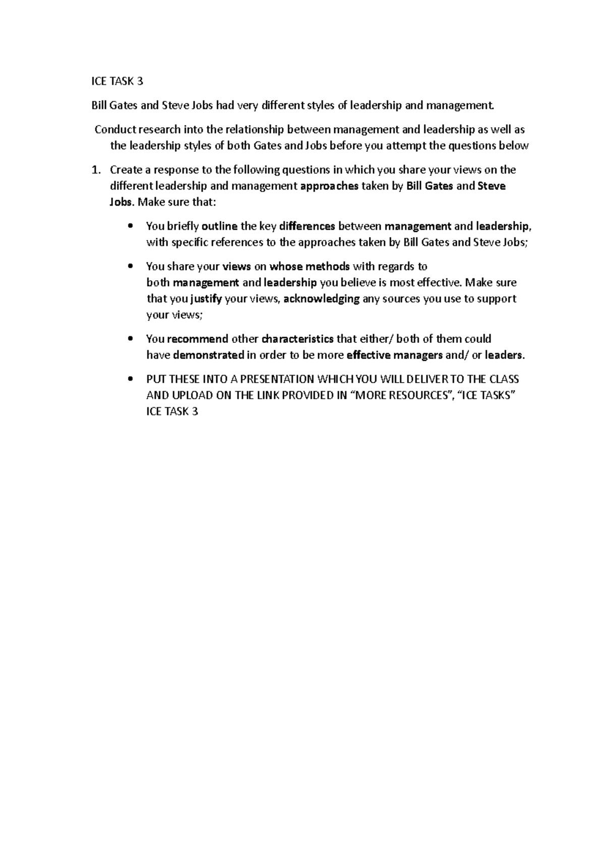 LU 3 ICE TASK 3 MGT VS LEAD - ICE TASK 3 Bill Gates and Steve Jobs had ...