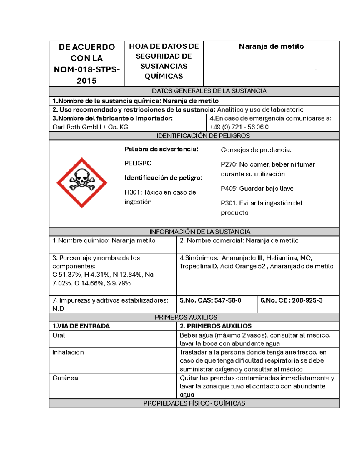HDS naranja de metilo - DE ACUERDO CON LA NOM- 018 - STPS- 2015 HOJA DE DATOS DE SEGURIDAD DE ...