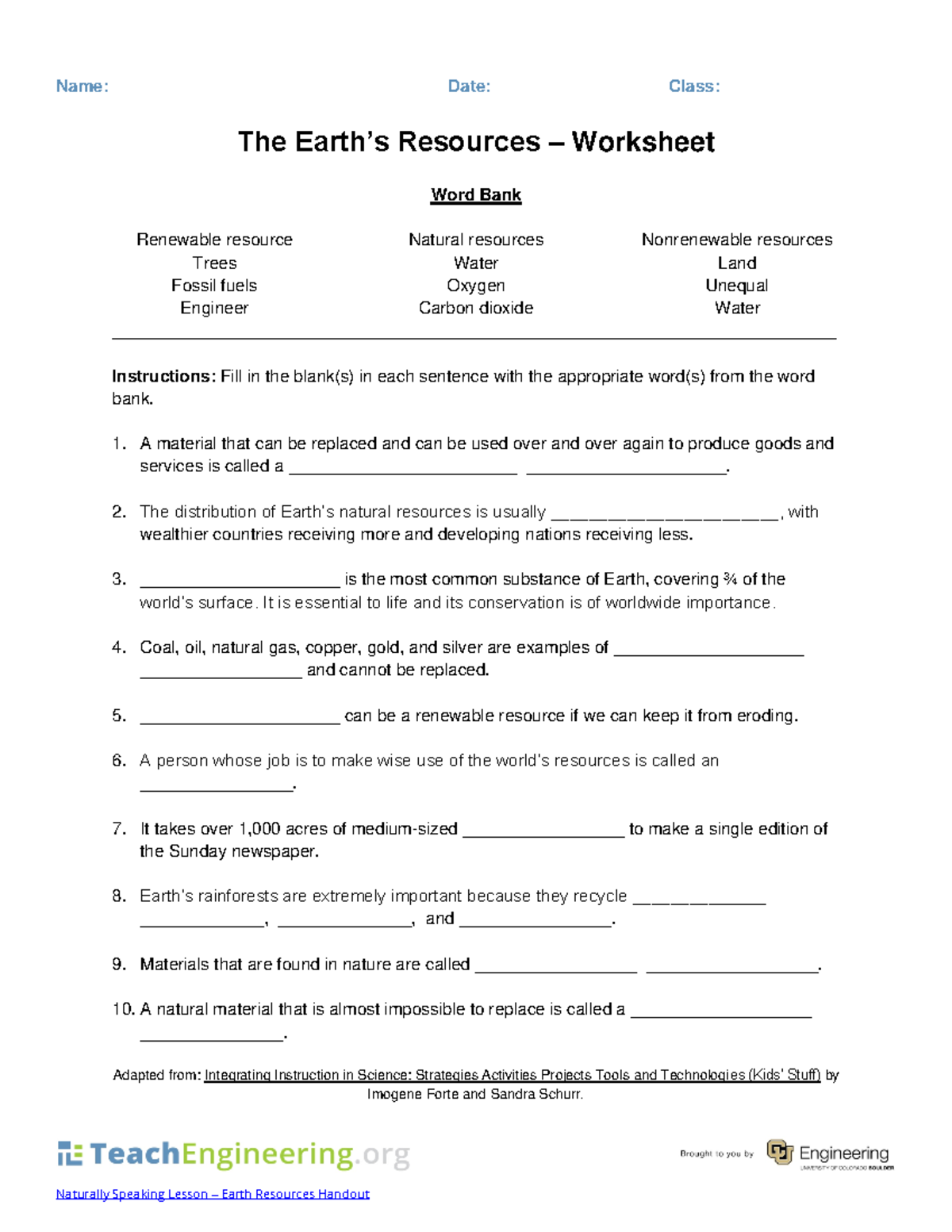 Cub environ lesson 03 earthworksheet v1 sas 1 - Name: Date: Class ...