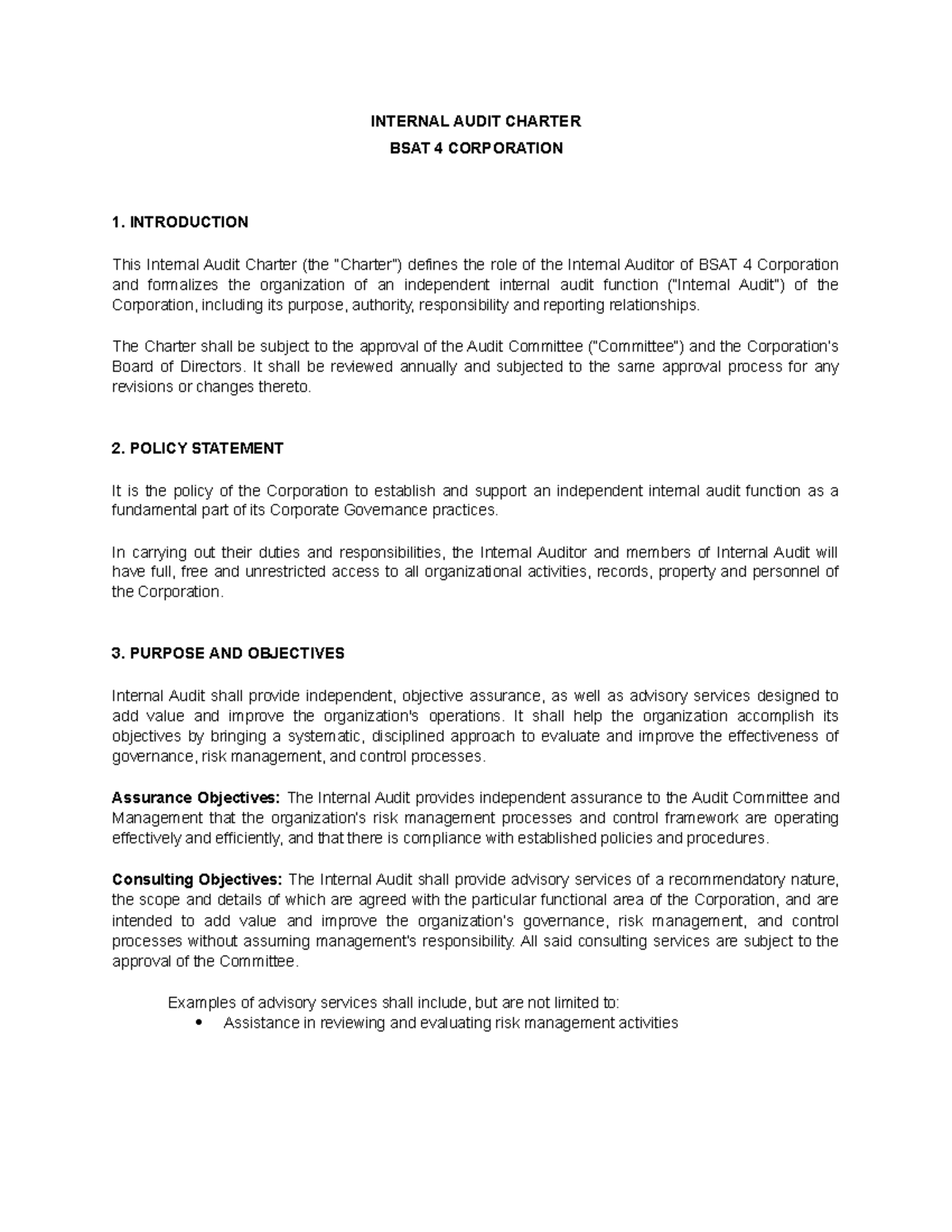 IA Charter - INTERNAL AUDIT CHARTER BSAT 4 CORPORATION 1. INTRODUCTION ...