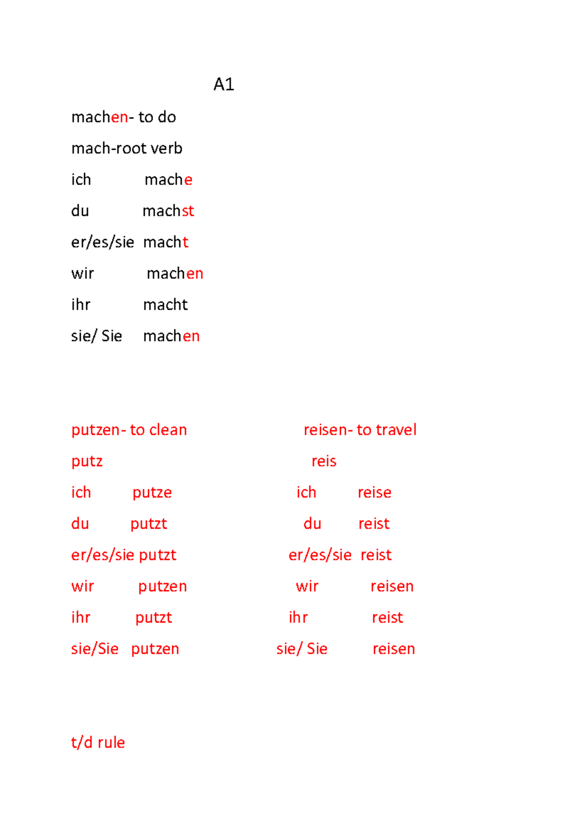 A1 notes words daily - A machen- to do mach-root verb ich mache du ...