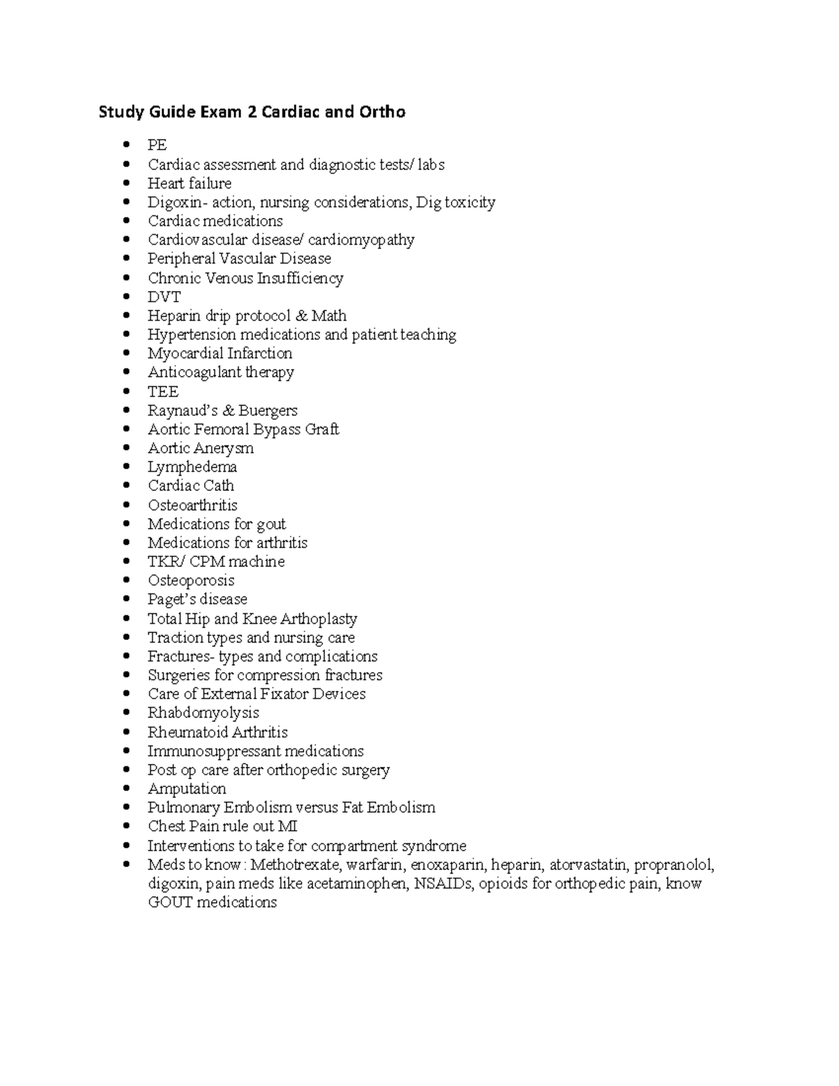 Study Guide Exam 2 Cardiac and Ortho 2022-1 - Study Guide Exam 2 ...