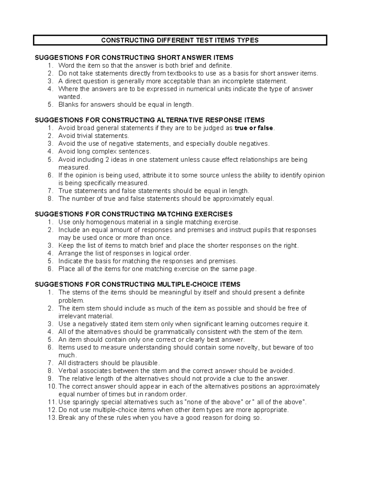 Test Construction - ASSESSMENT - CONSTRUCTING DIFFERENT TEST ITEMS ...