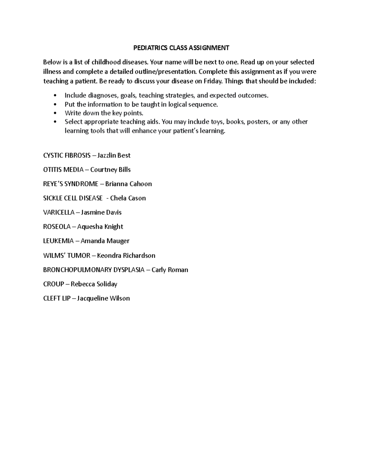 Pediatrics Class Assignment 722 - PEDIATRICS CLASS ASSIGNMENT Below is ...