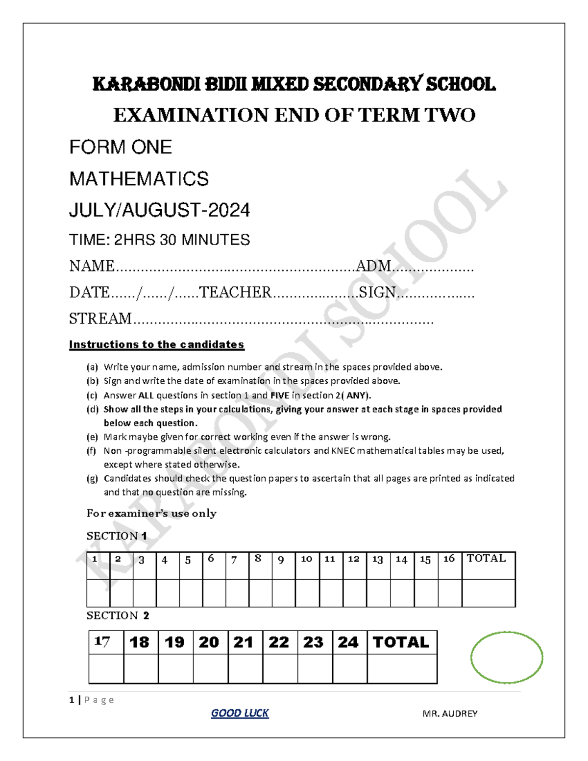 Maths FORM ONE END TERM TWO 2024- August - 1 | P a g e KARABONDI BIDII ...