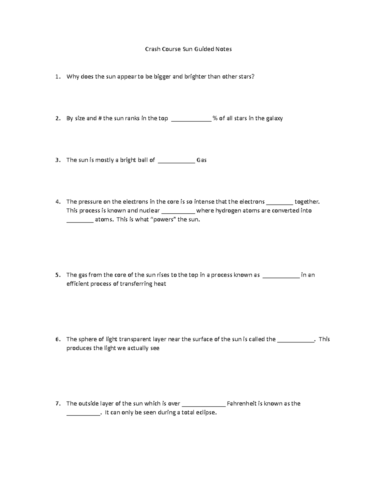 Crash course guided notes- SUN - Crash Course Sun Guided Notes Why does ...