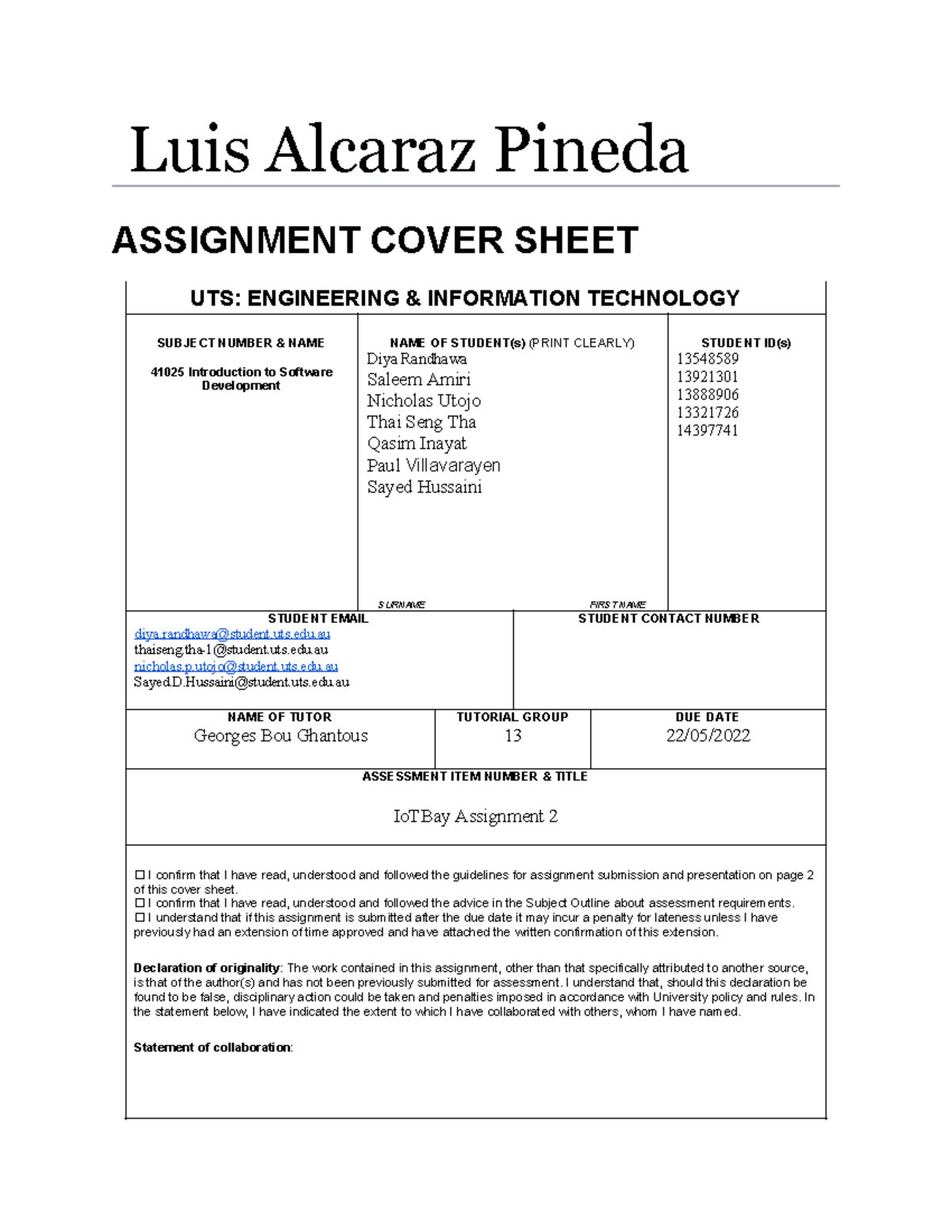 Report - assignment - Luis Alcaraz Pineda ASSIGNMENT COVER SHEET UTS ...