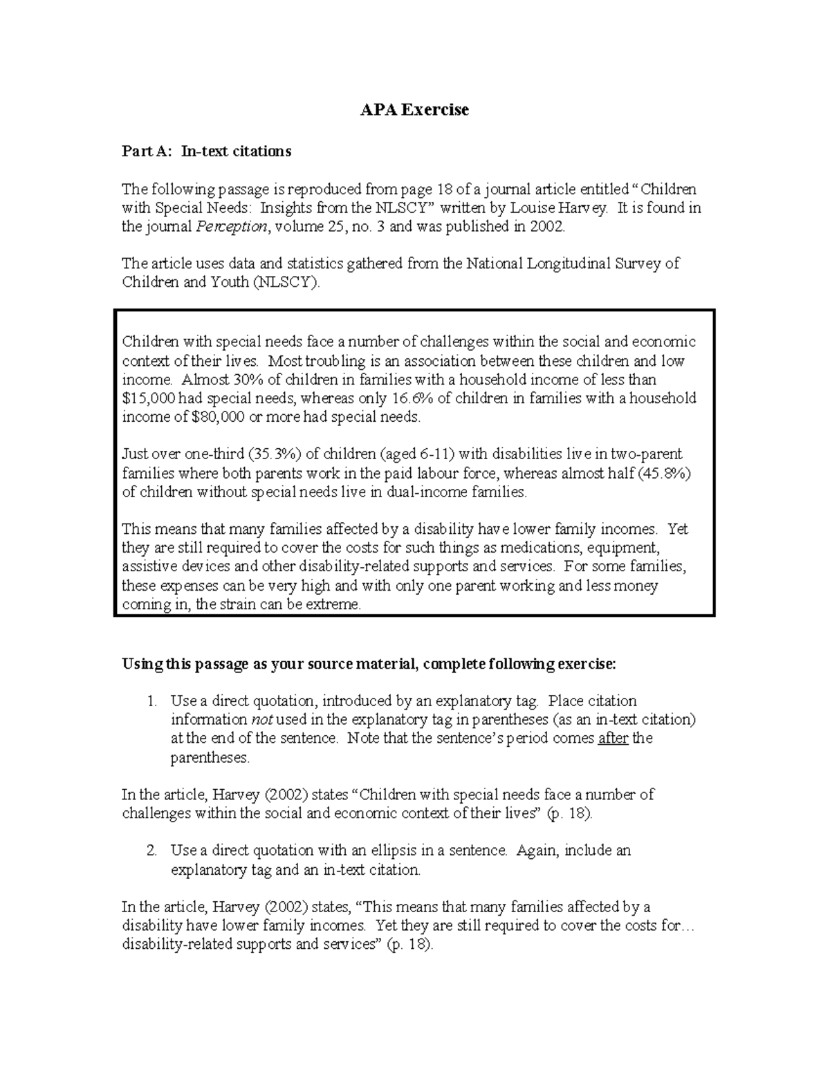 APA Activity - APA Exercise Part A: In-text citations The following ...