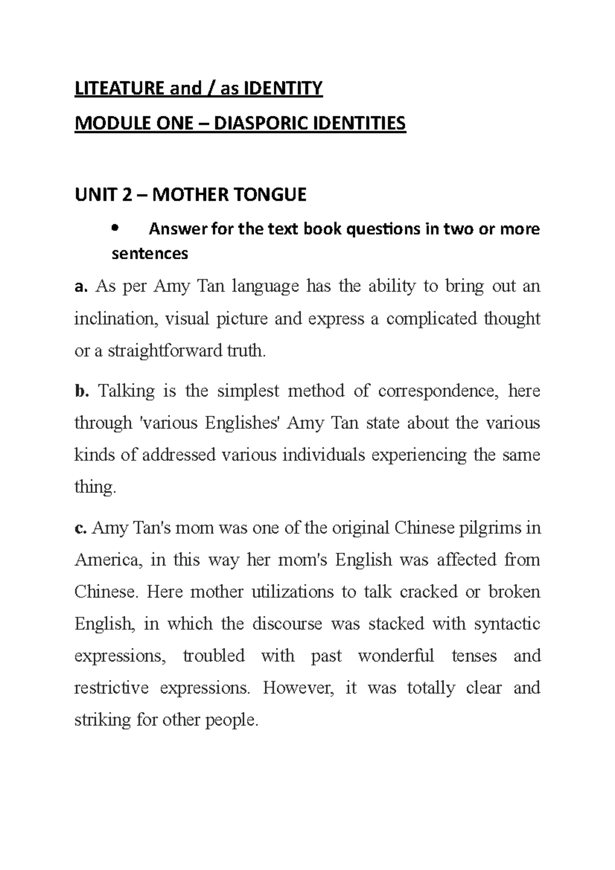 Literature and as Identity - Module 1 - Unit 2- Q&A, Notes - English ...